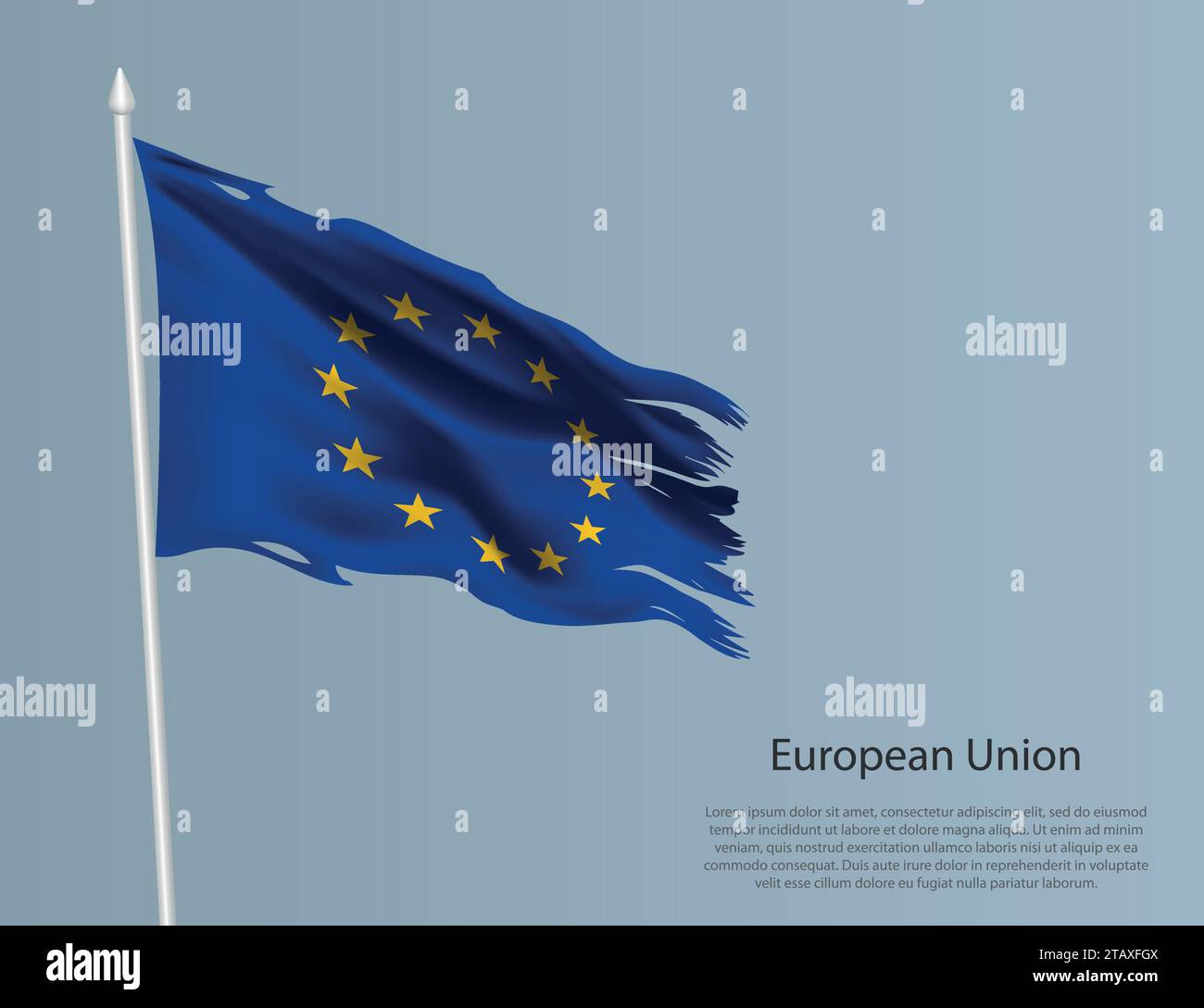 Ragged national flag of European Union. Wavy torn fabric on blue ...