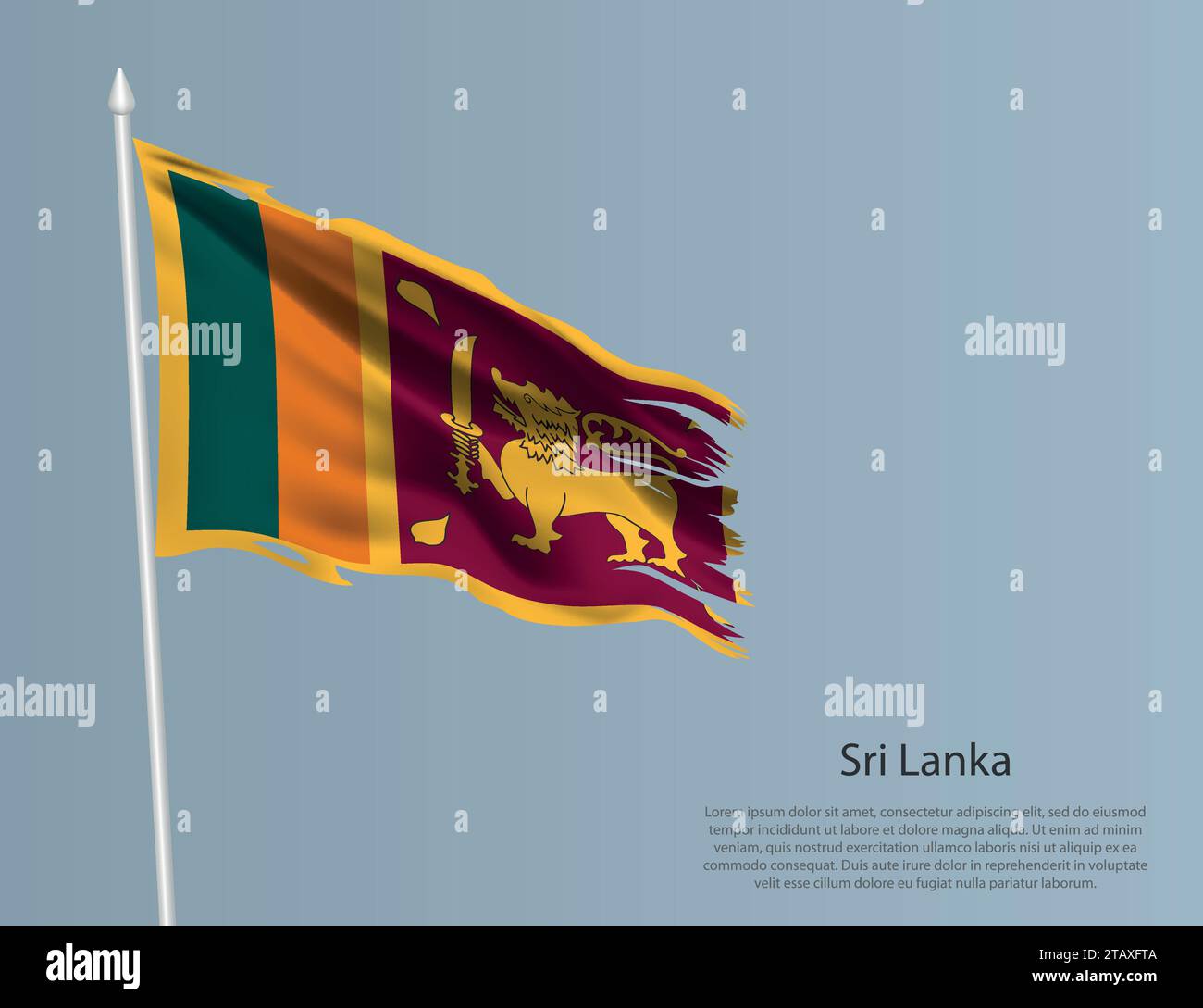 Ragged national flag of Sri Lanka. Wavy torn fabric on blue background ...