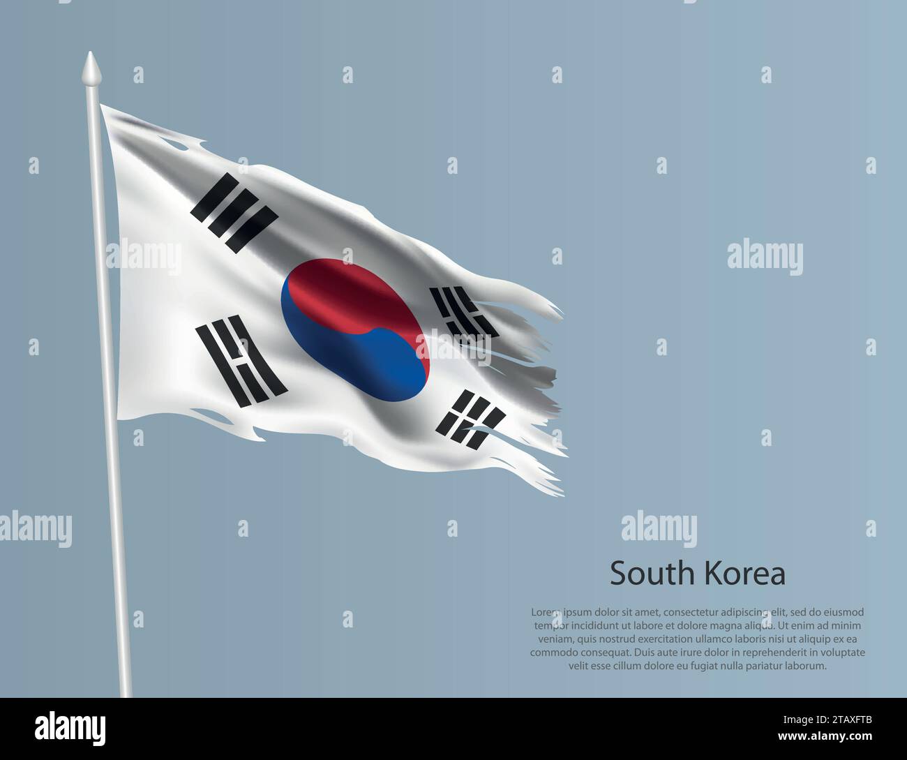 Ragged national flag of South Korea. Wavy torn fabric on blue ...