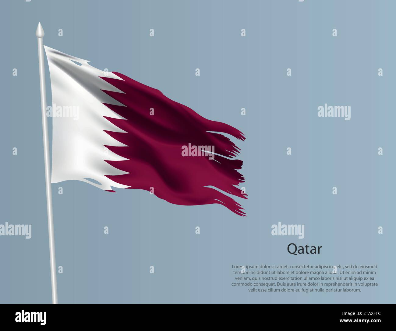 Ragged national flag of Qatar. Wavy torn fabric on blue background ...