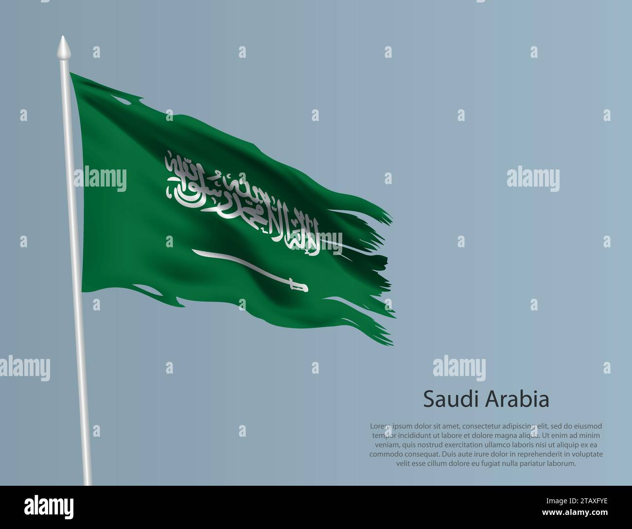 Ragged national flag of Saudi Arabia. Wavy torn fabric on blue ...