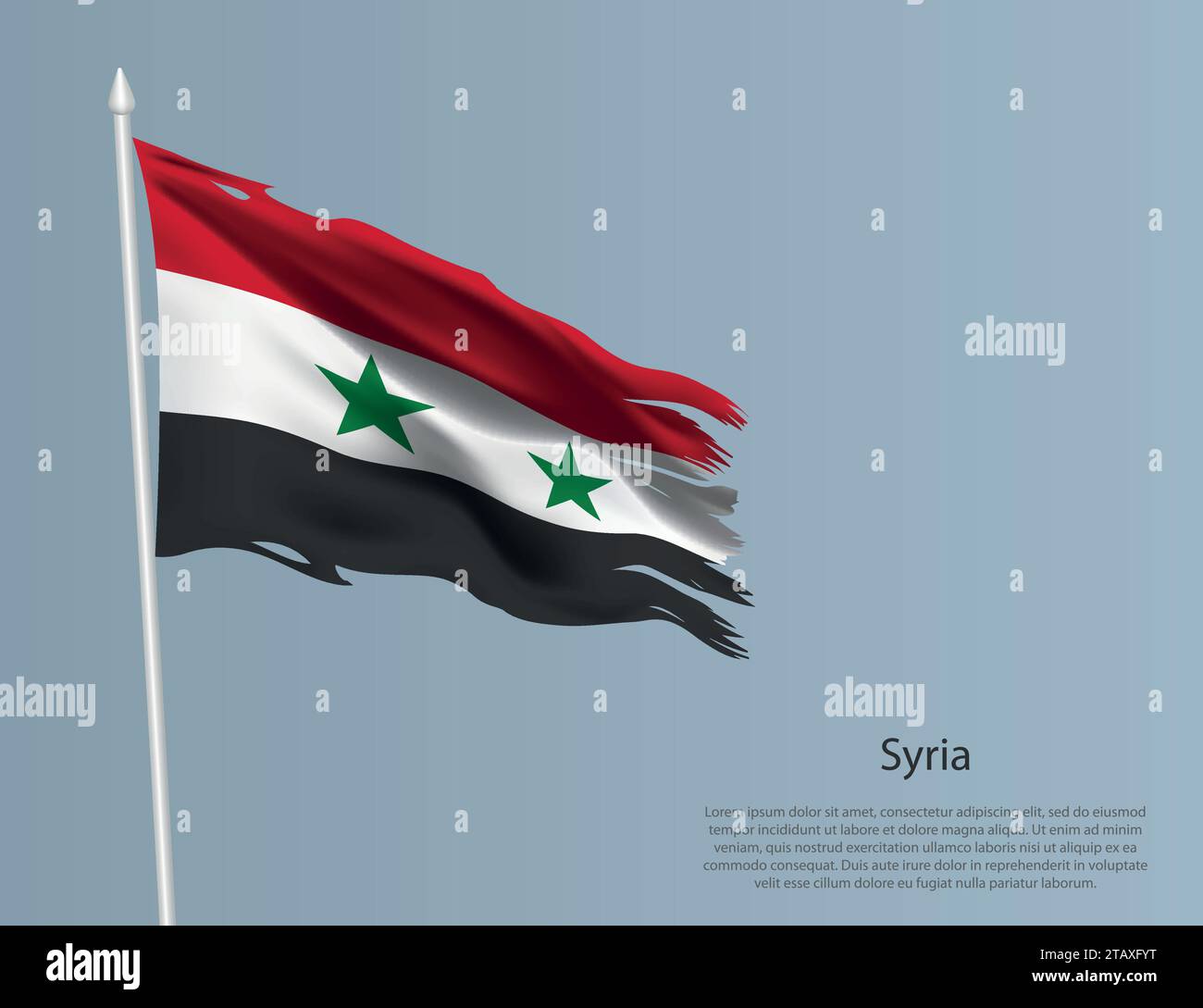 Ragged national flag of Syria. Wavy torn fabric on blue background ...