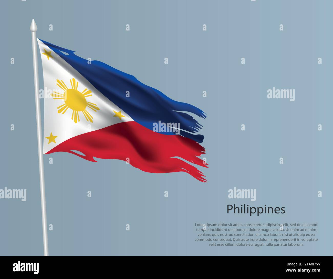Ragged national flag of Philippines. Wavy torn fabric on blue ...