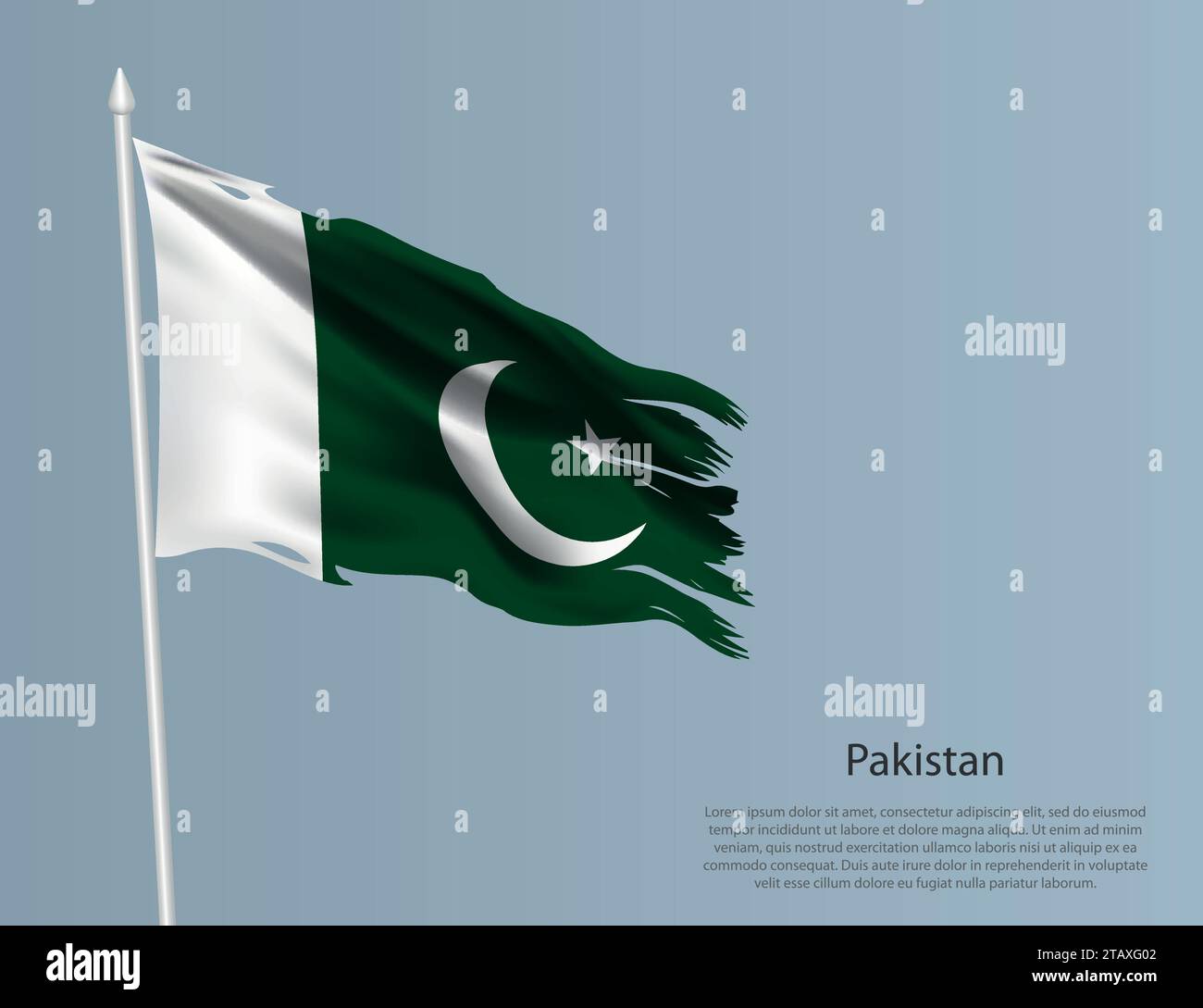 Ragged national flag of Pakistan. Wavy torn fabric on blue background ...