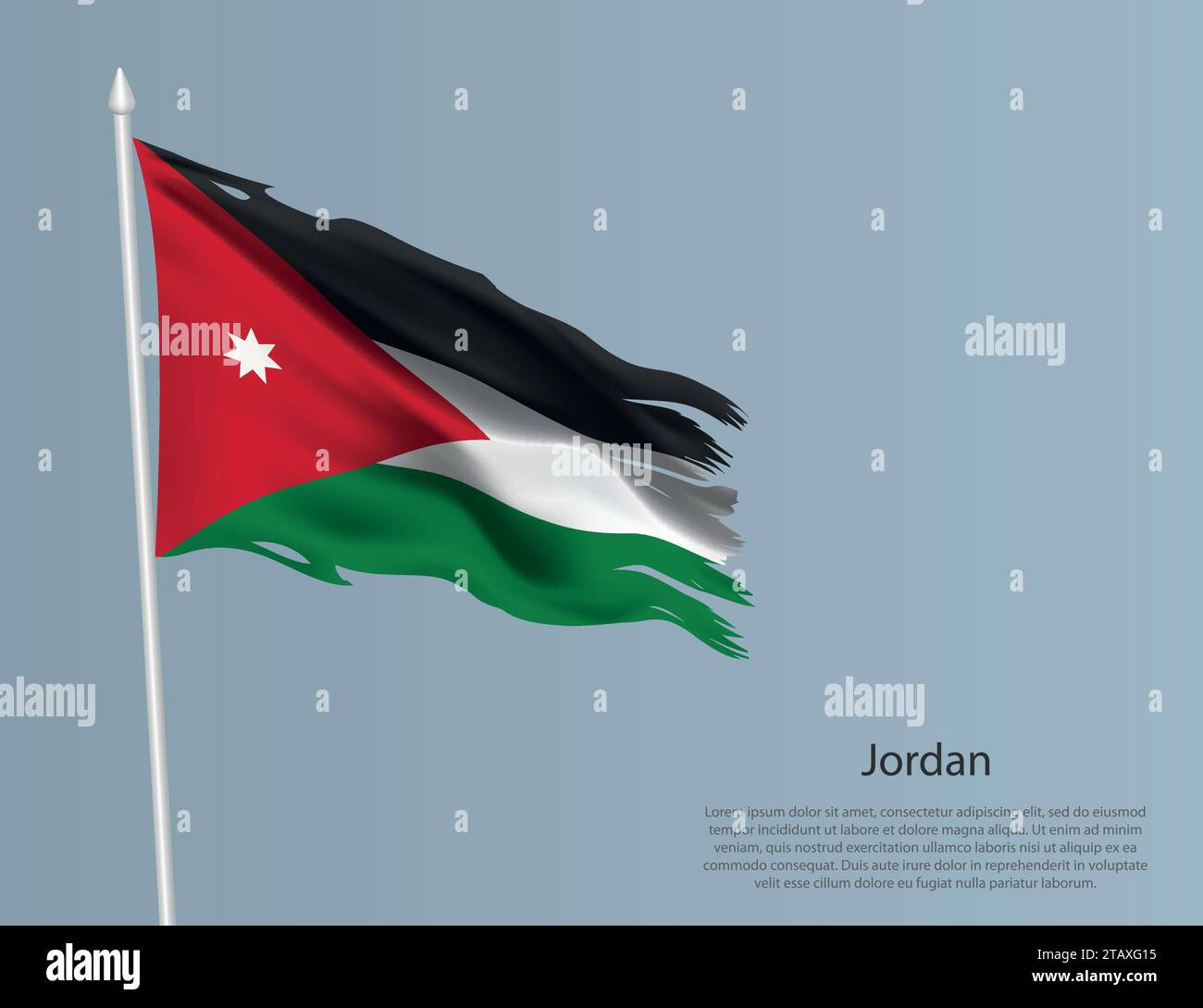 Ragged national flag of Jordan. Wavy torn fabric on blue background ...