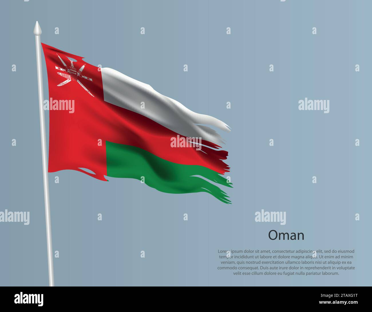 Ragged national flag of Oman. Wavy torn fabric on blue background ...
