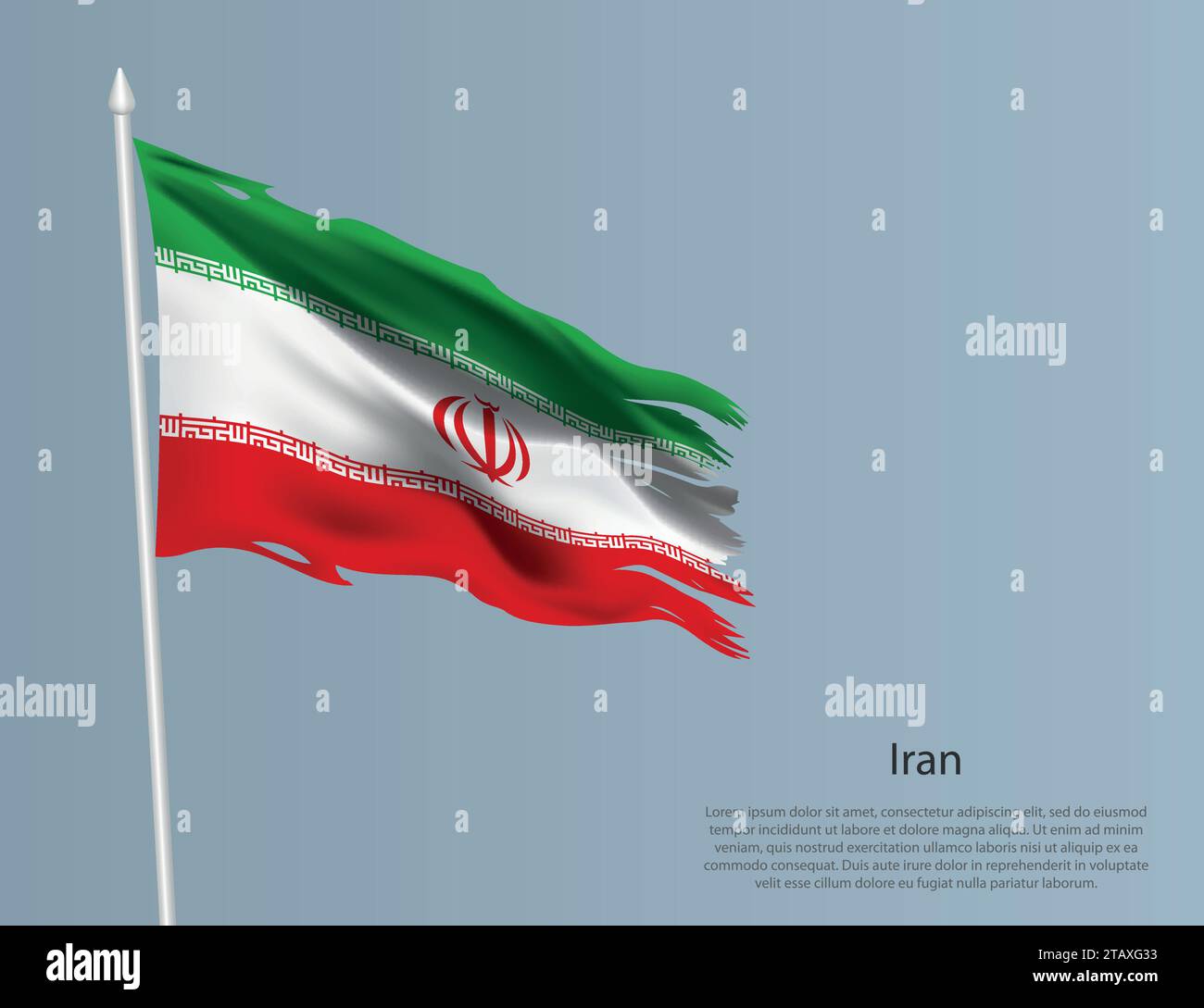 Ragged national flag of Iran. Wavy torn fabric on blue background ...