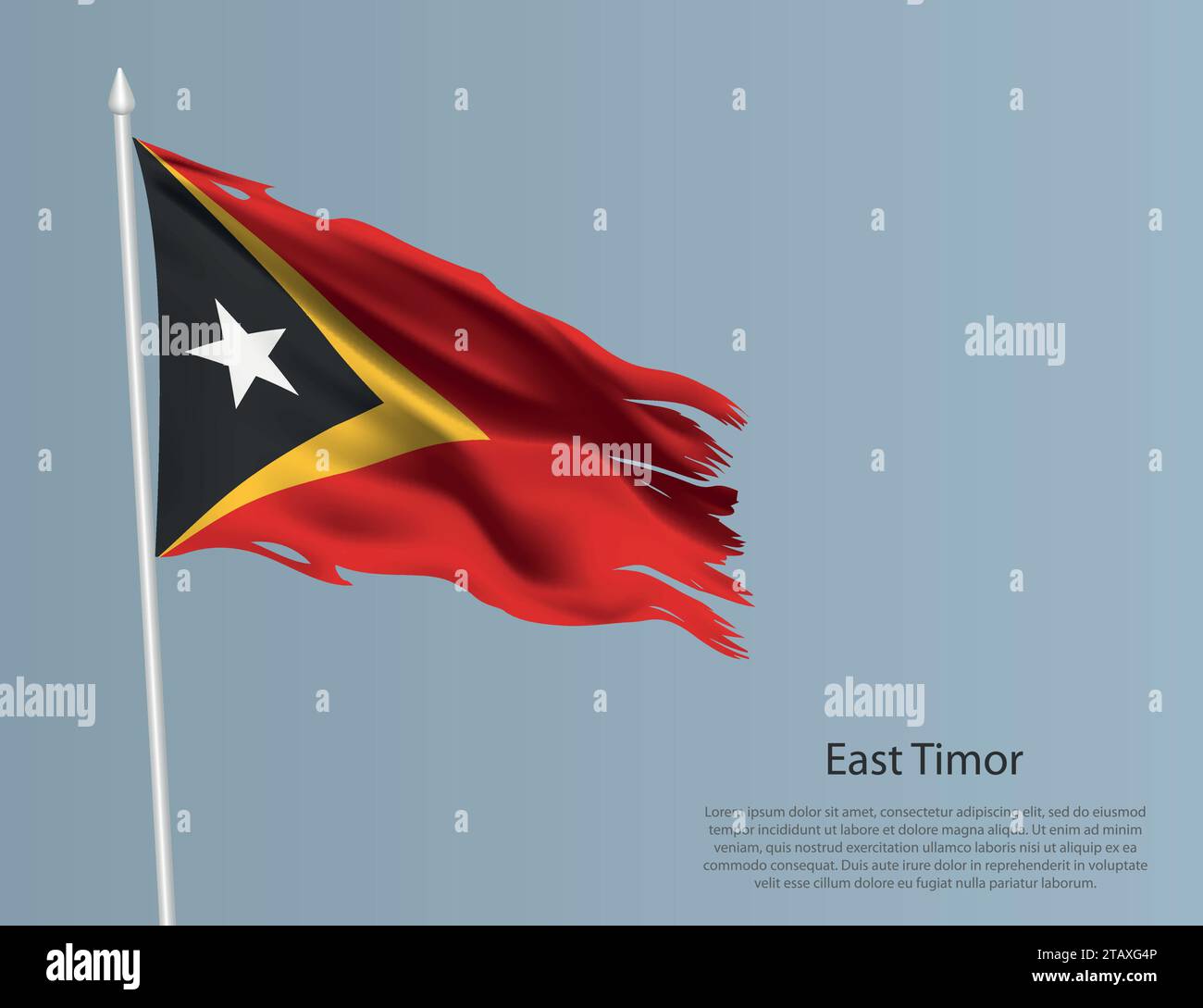 Ragged national flag of East Timor. Wavy torn fabric on blue background ...