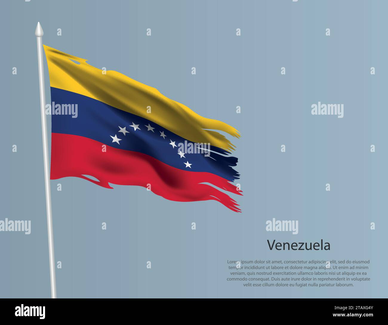 Ragged national flag of Venezuela. Wavy torn fabric on blue background ...