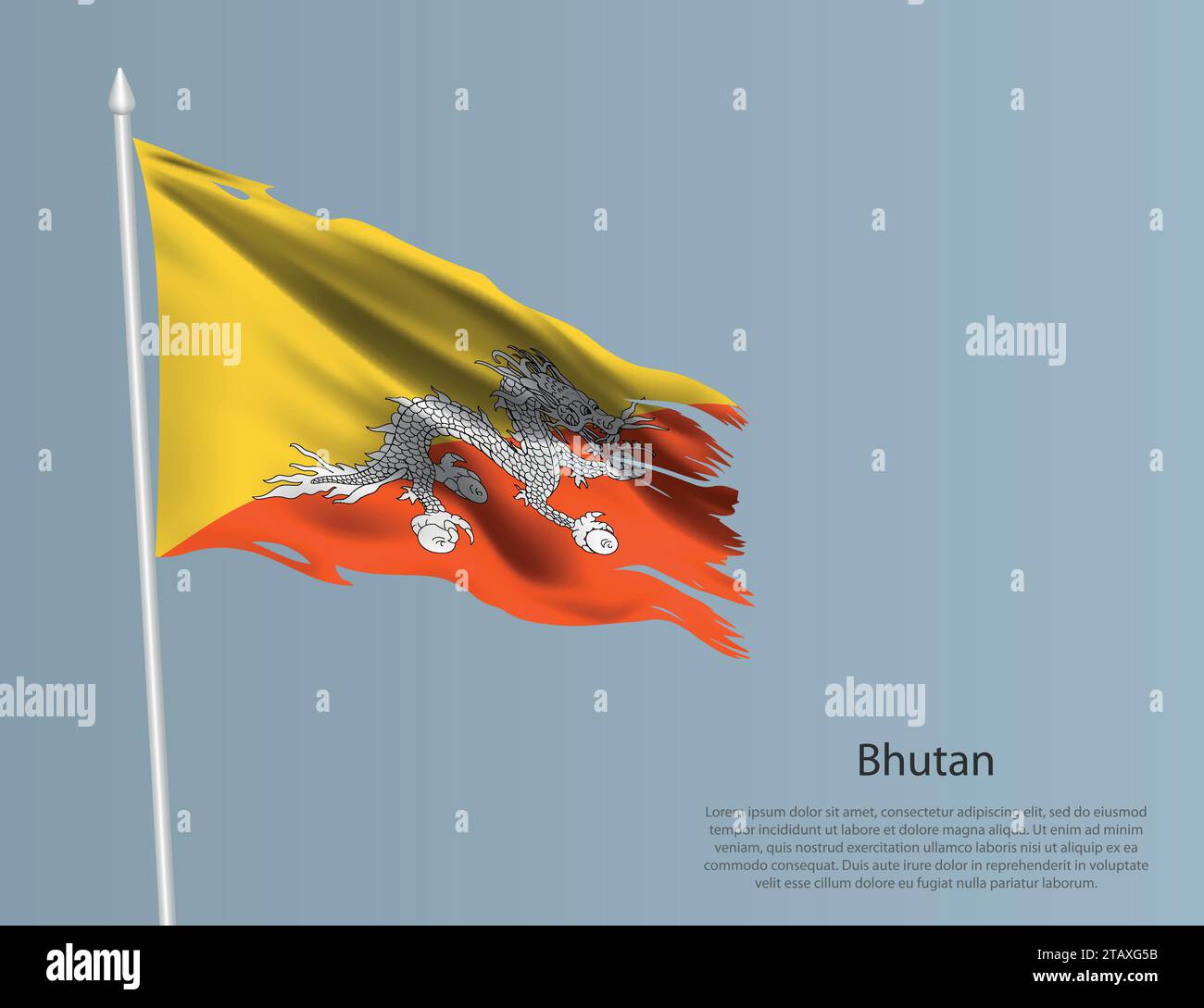 Ragged national flag of Bhutan. Wavy torn fabric on blue background ...