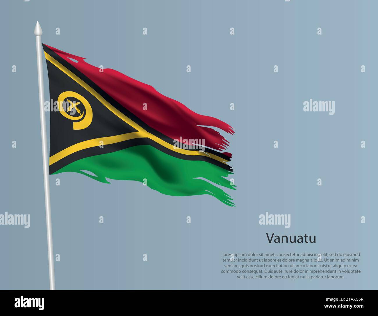 Ragged national flag of Vanuatu. Wavy torn fabric on blue background. Realistic vector ...