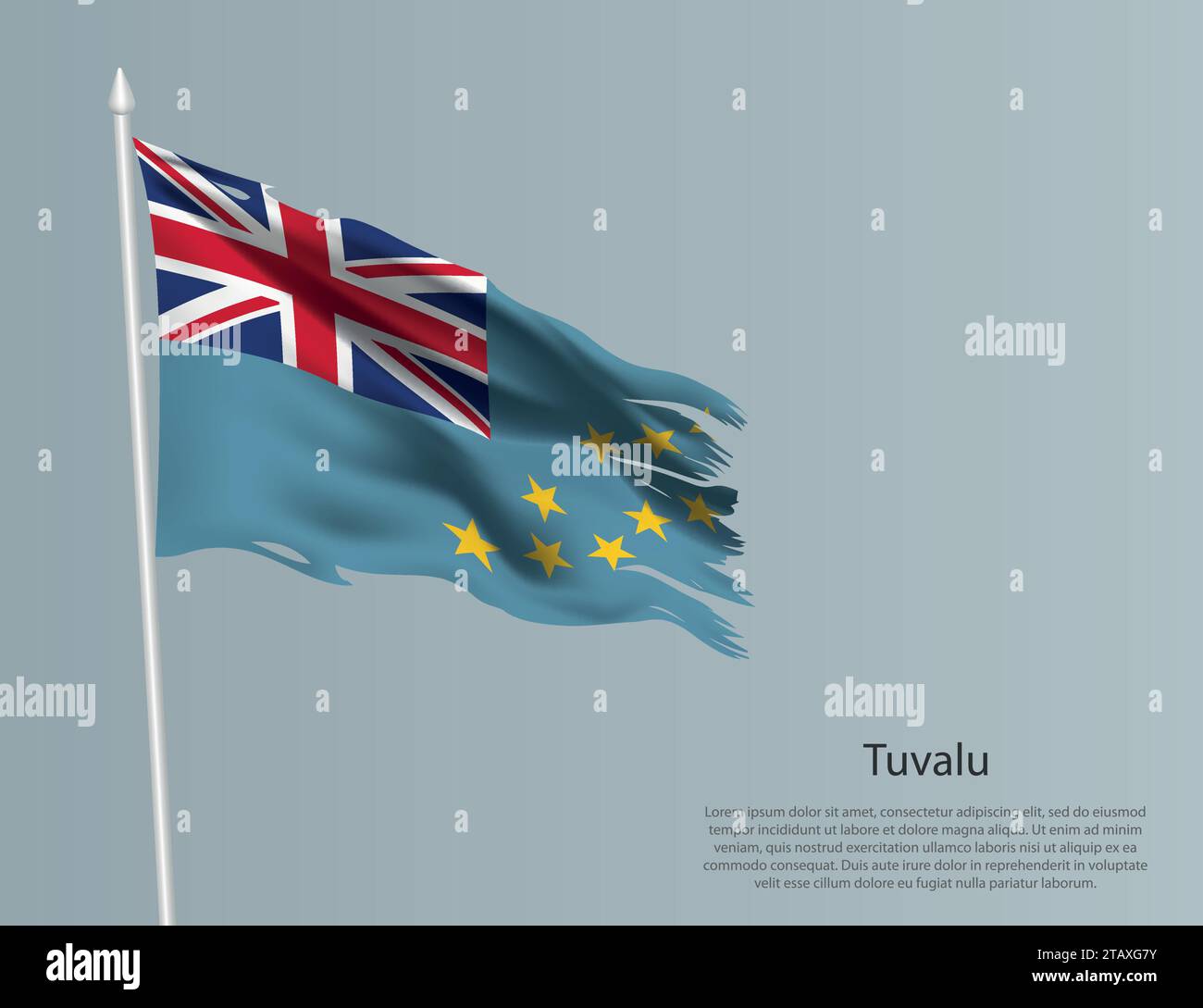 Ragged national flag of Tuvalu. Wavy torn fabric on blue background ...