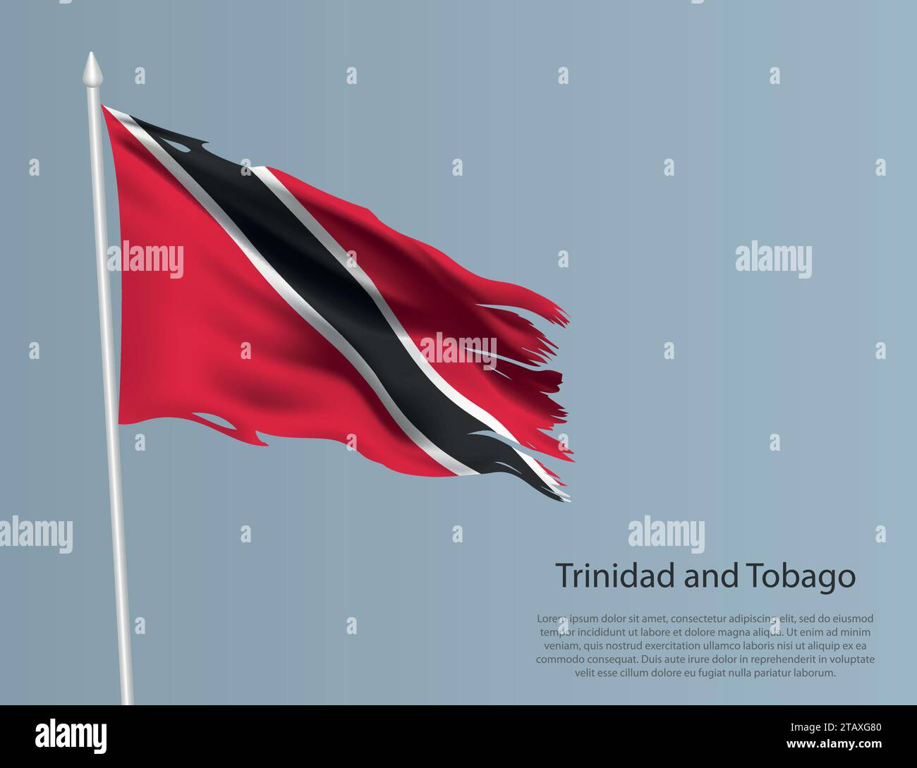 Ragged national flag of Trinidad and Tobago. Wavy torn fabric on blue background. Realistic ...