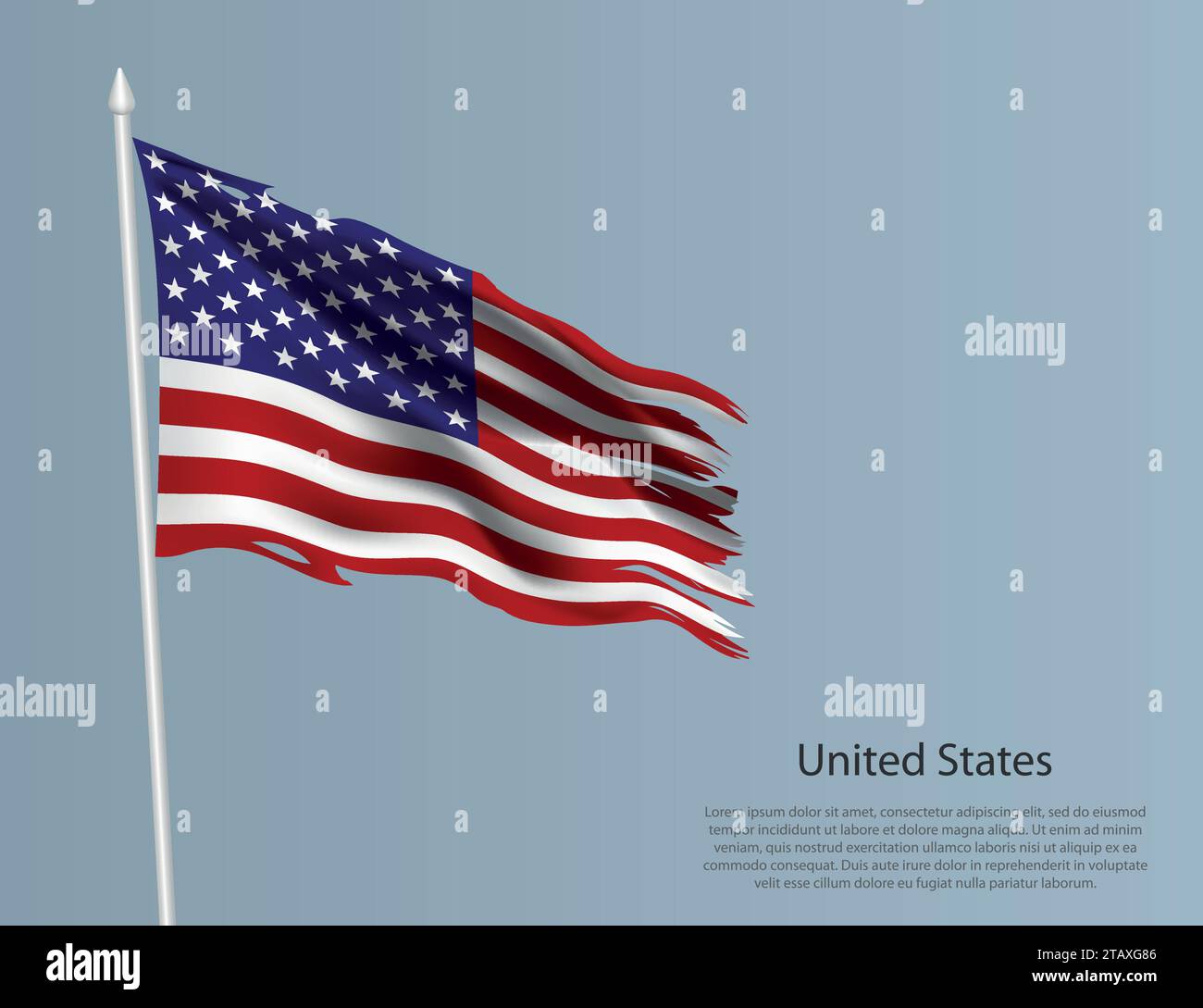 Ragged national flag of United States. Wavy torn fabric on blue ...
