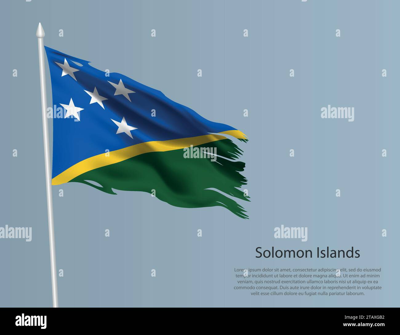Ragged national flag of Solomon Islands. Wavy torn fabric on blue ...