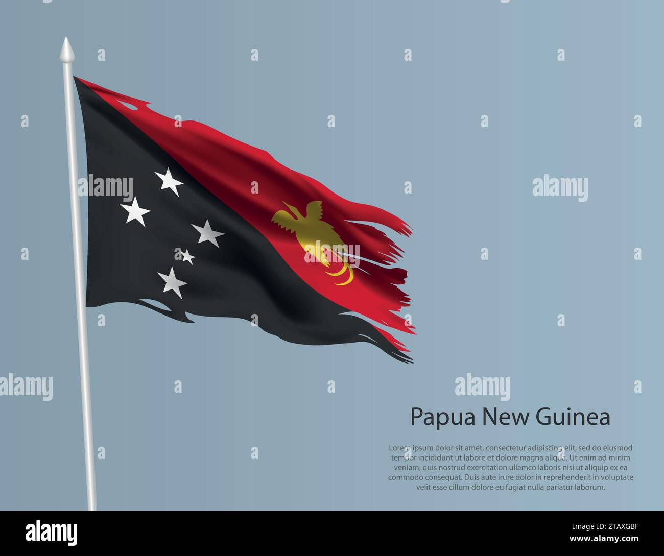 Ragged national flag of Papua New Guinea. Wavy torn fabric on blue background. Realistic vector ...