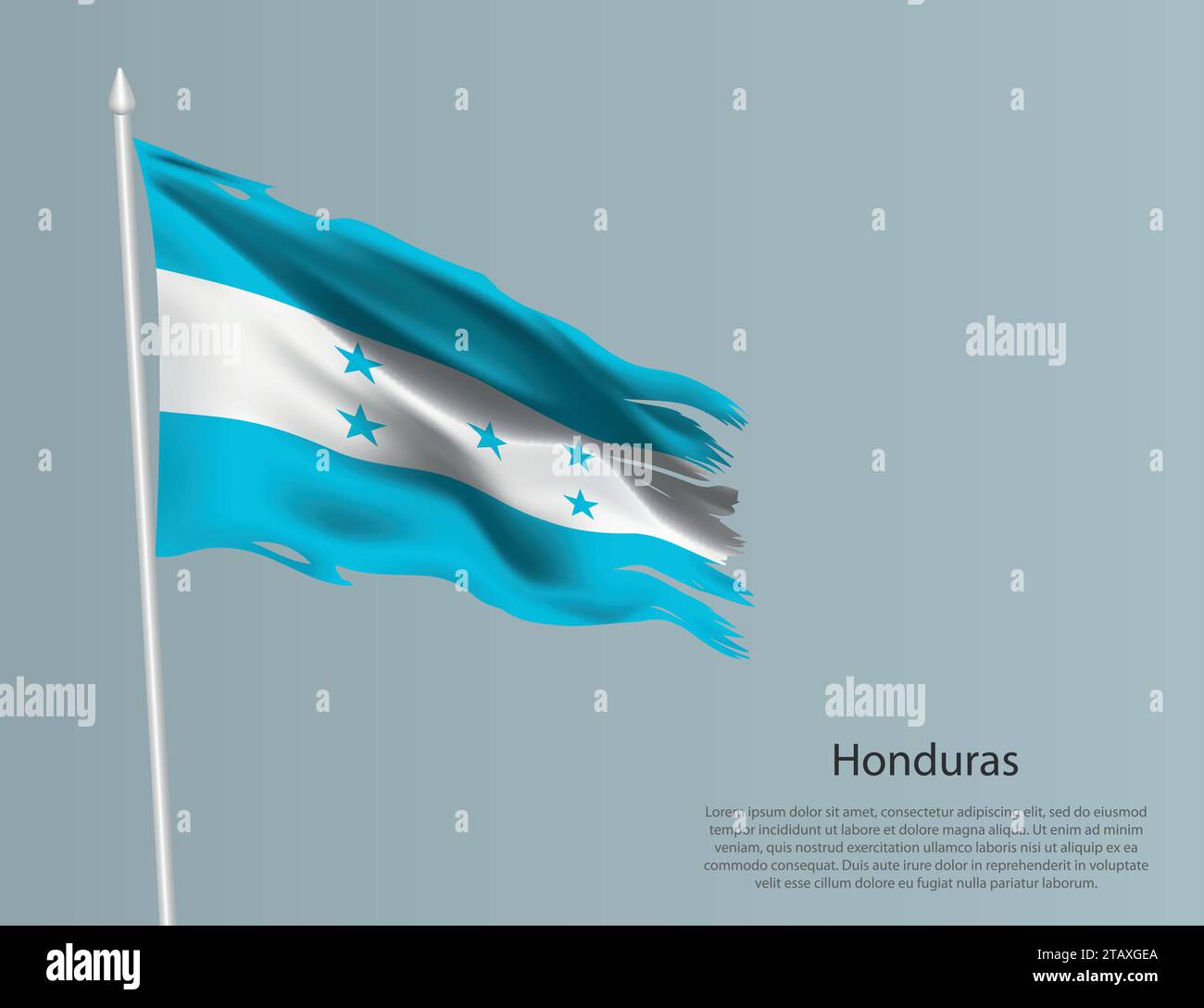 Ragged national flag of Honduras. Wavy torn fabric on blue background ...