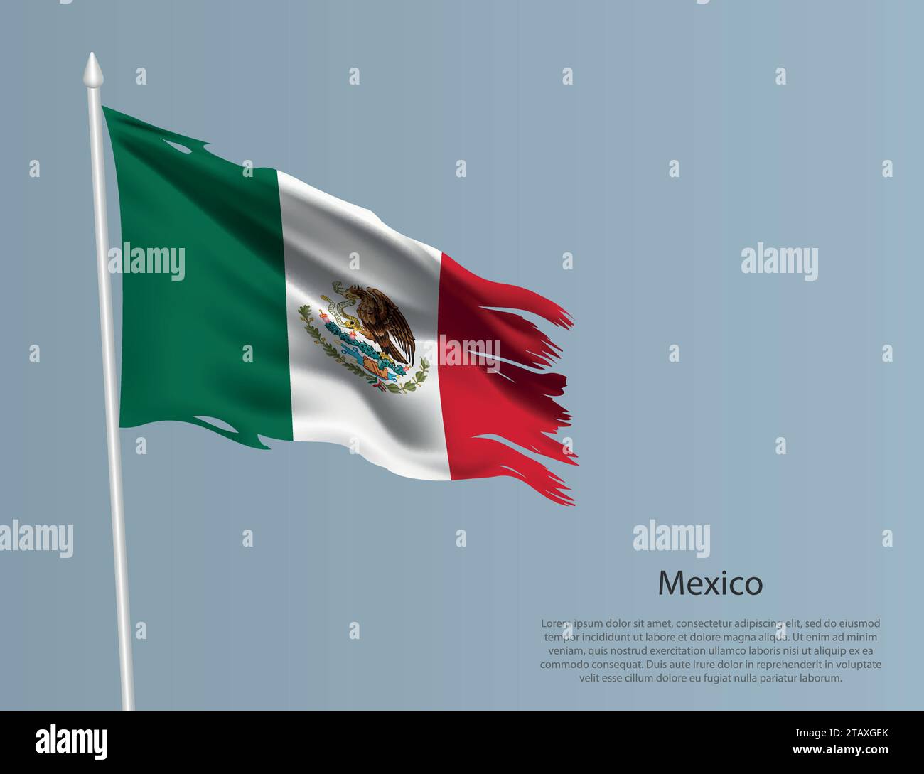 Ragged national flag of Mexico. Wavy torn fabric on blue background ...