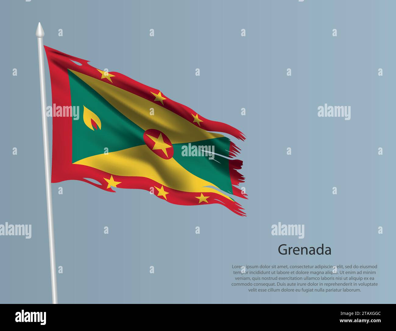 Ragged national flag of Grenada. Wavy torn fabric on blue background ...