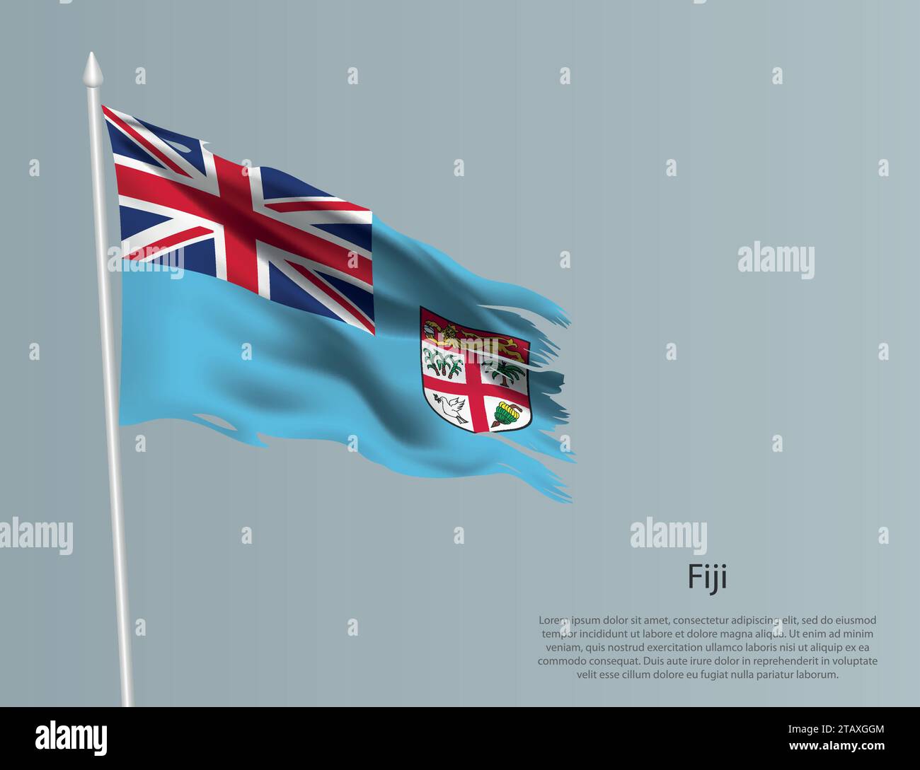 Ragged national flag of Fiji. Wavy torn fabric on blue background ...