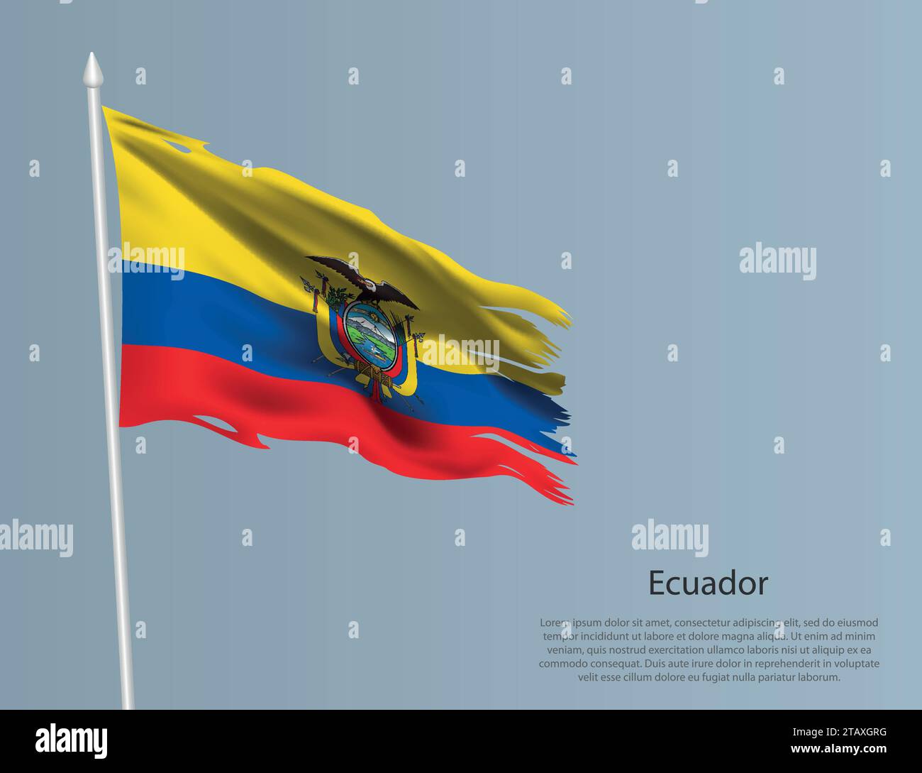 Ragged national flag of Ecuador. Wavy torn fabric on blue background ...