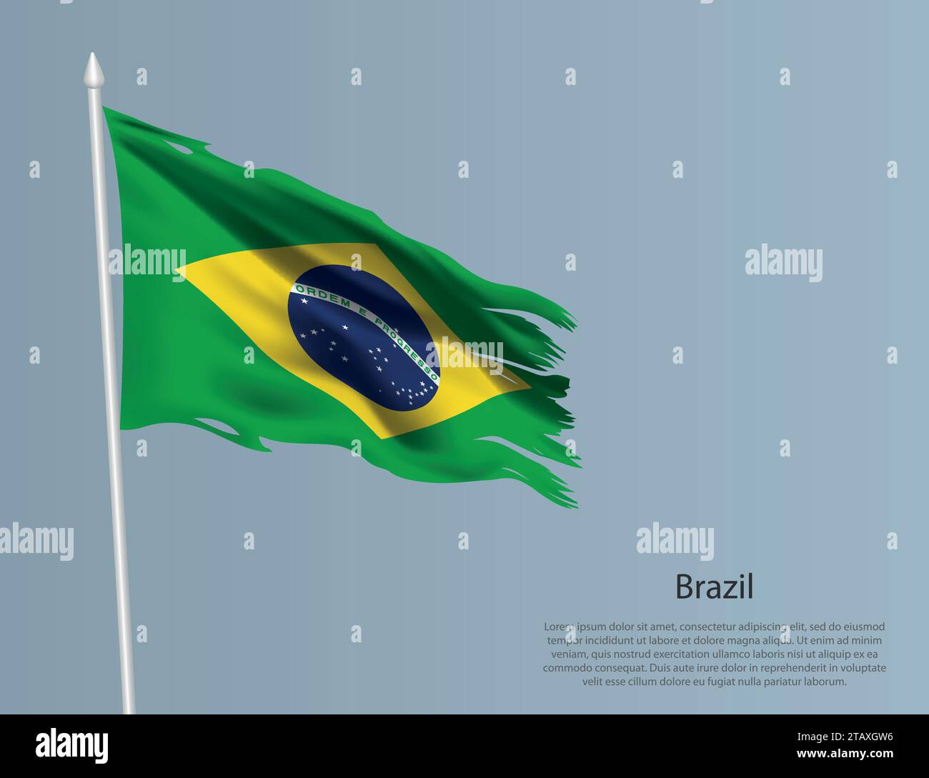 Ragged national flag of Brazil. Wavy torn fabric on blue background ...
