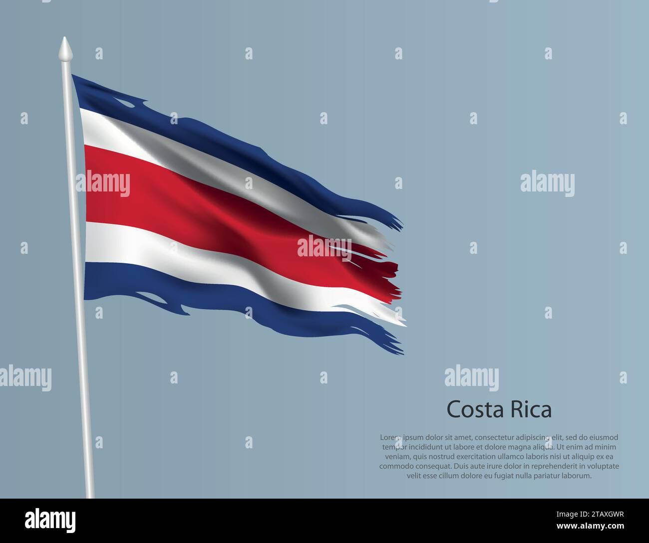 Ragged national flag of Costa Rica. Wavy torn fabric on blue background ...