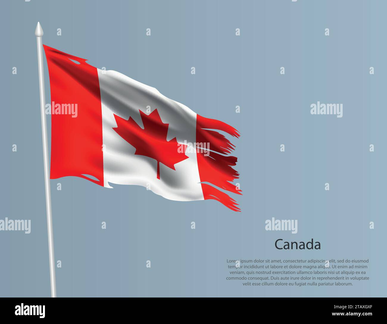 Ragged national flag of Canada. Wavy torn fabric on blue background ...