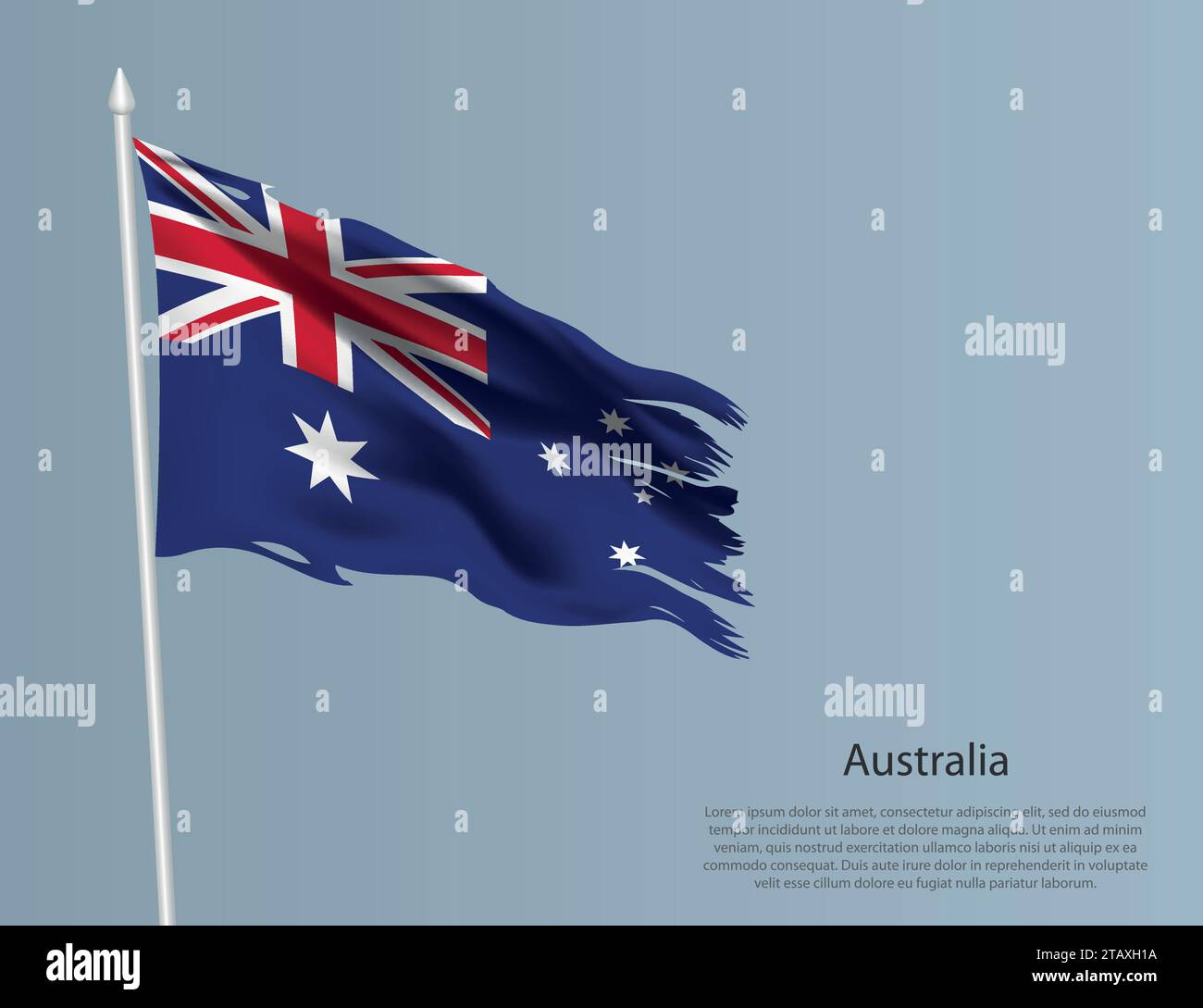 Ragged national flag of Australia. Wavy torn fabric on blue background ...