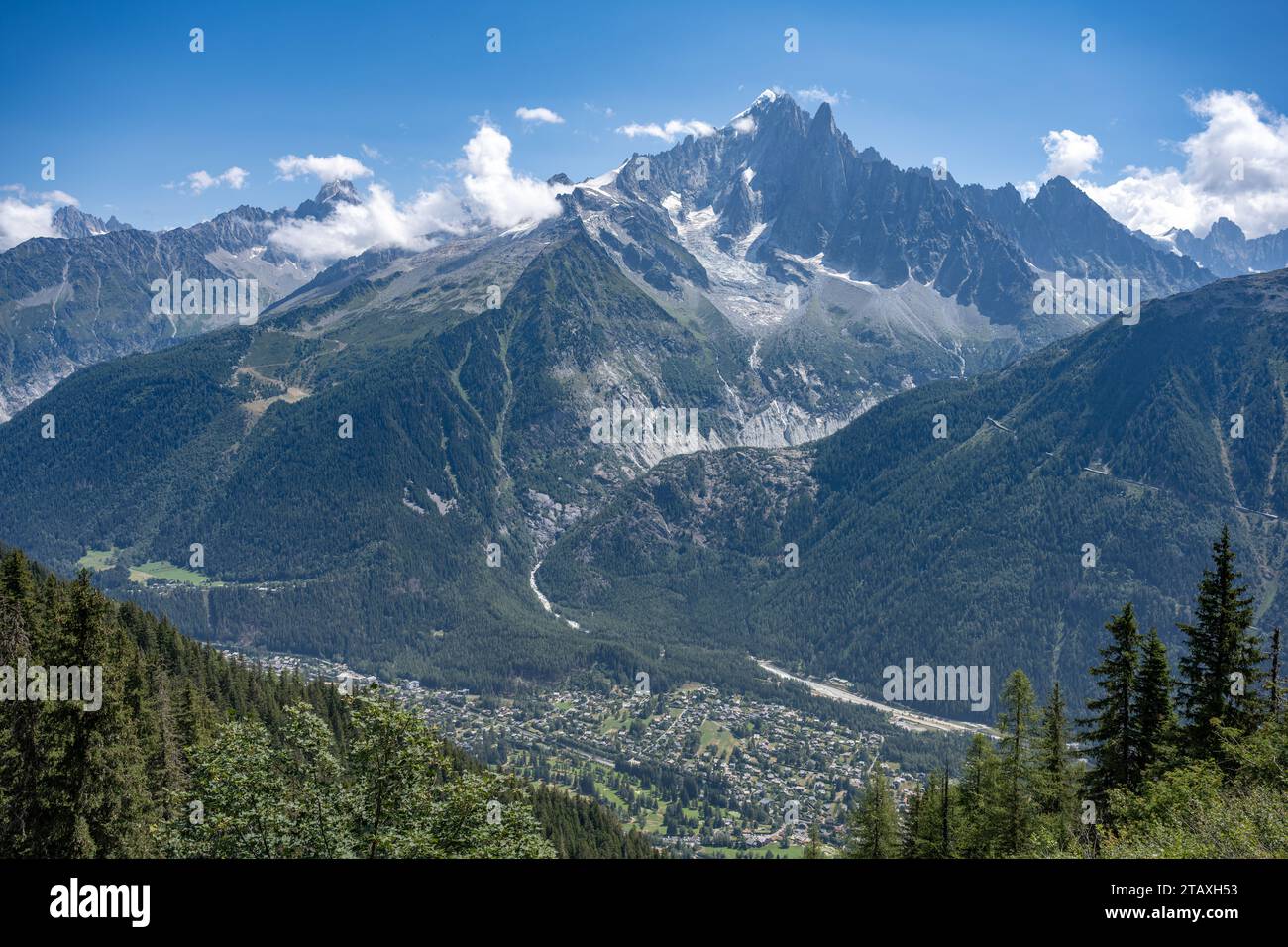 Elevated view of the Chamonix valley from the Mont Blanc Massif with ...