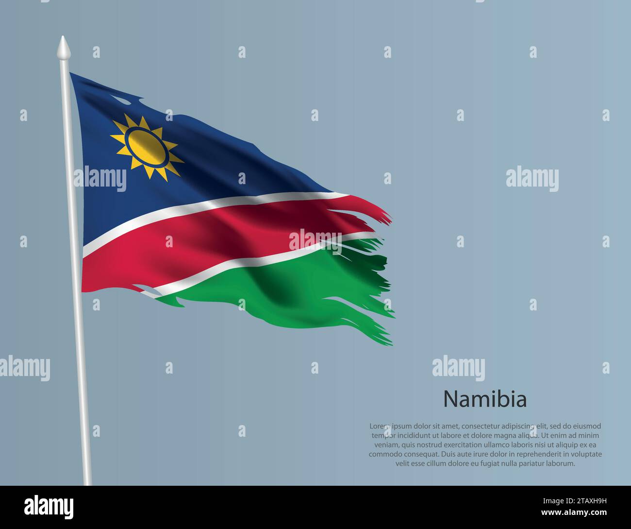 Ragged national flag of Namibia. Wavy torn fabric on blue background ...