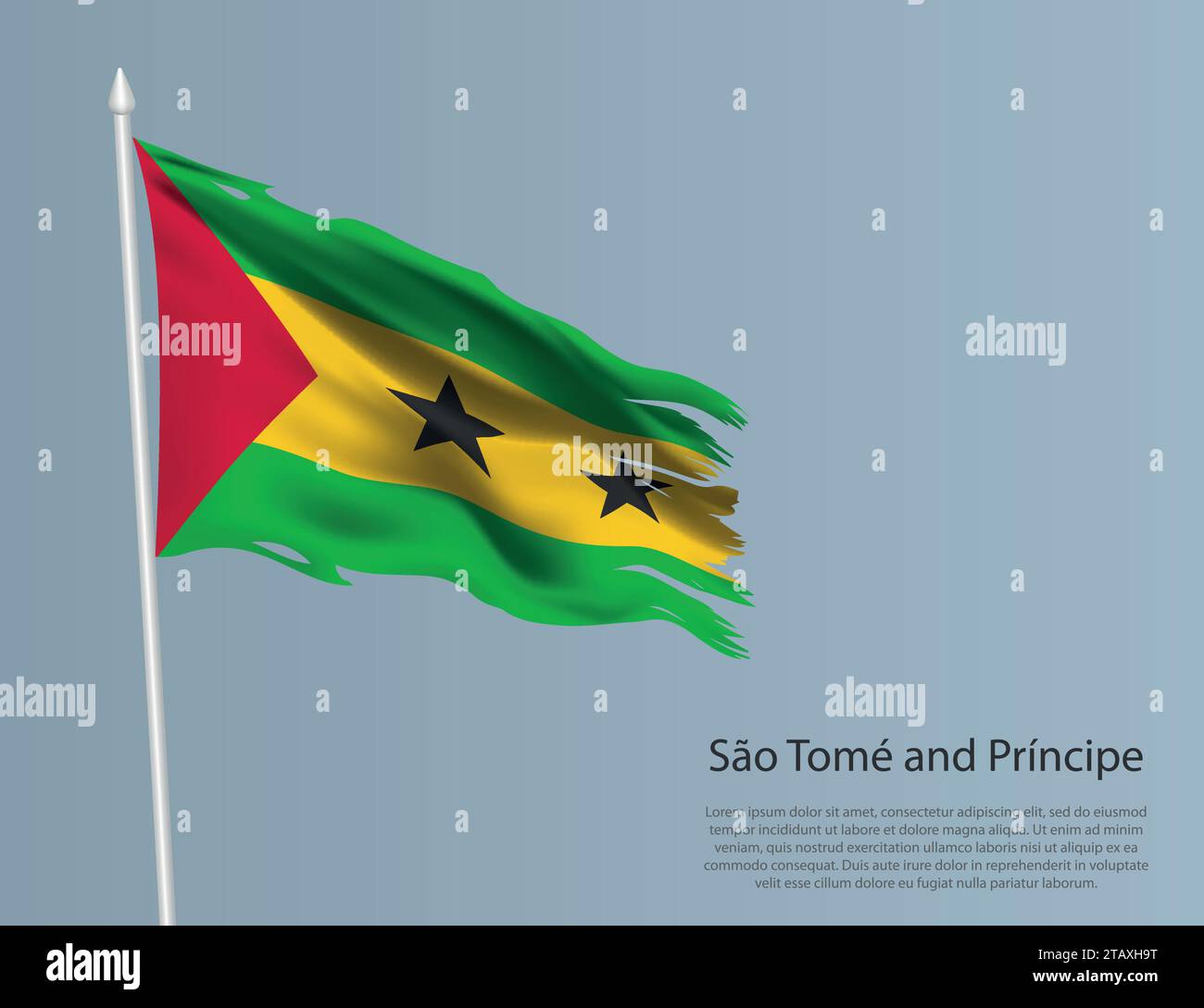 Ragged national flag of Sao Tome. Wavy torn fabric on blue background. Realistic vector ...