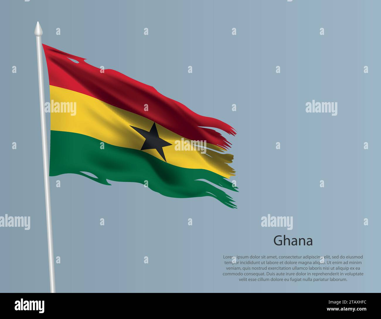 Ragged national flag of Ghana. Wavy torn fabric on blue background. Realistic vector ...