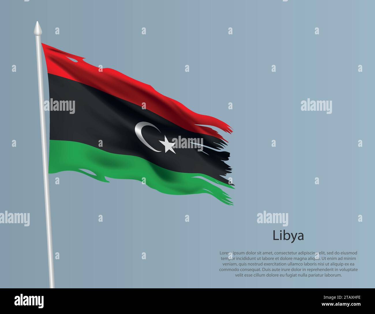 Ragged national flag of Libya. Wavy torn fabric on blue background. Realistic vector ...