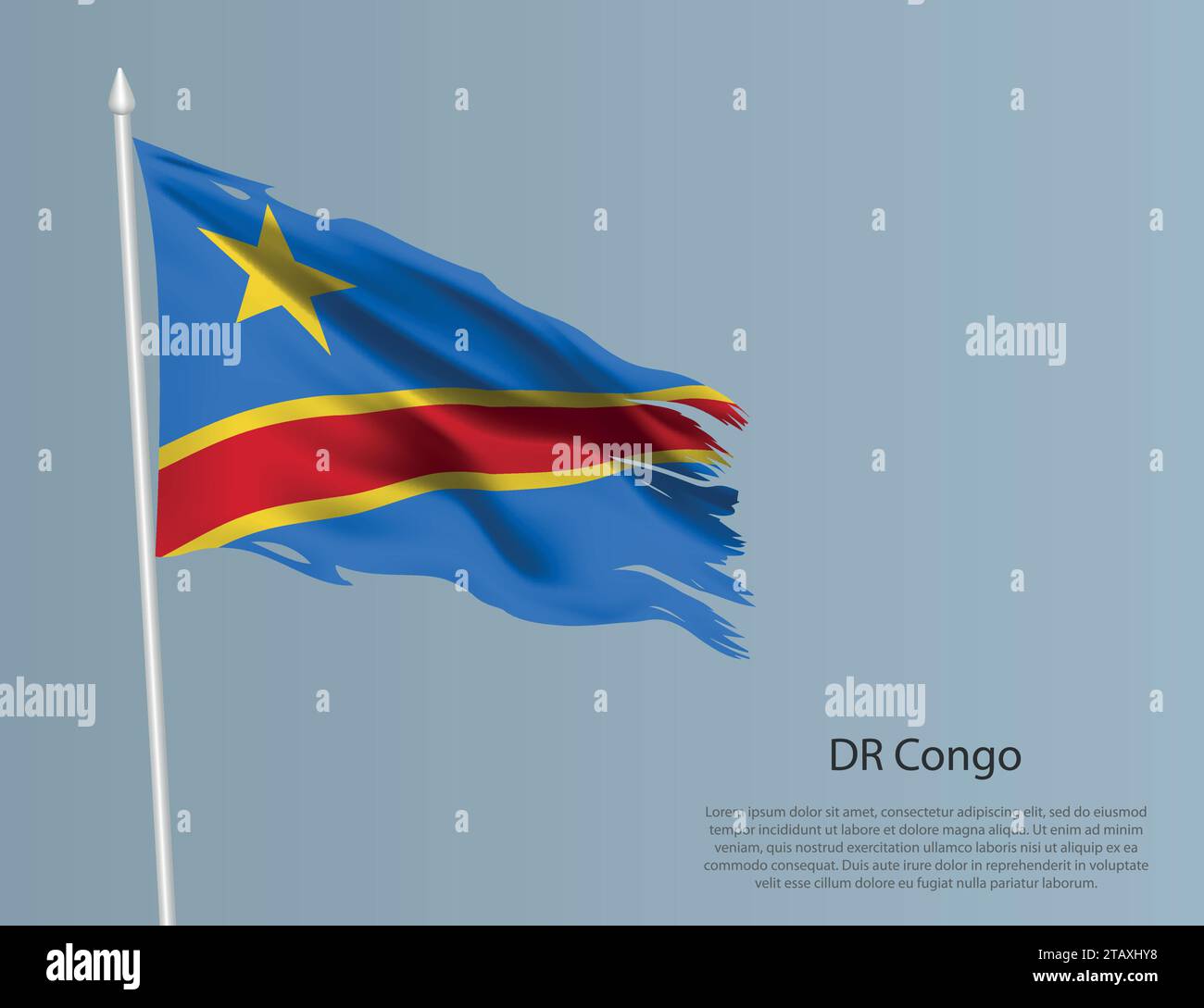 Ragged national flag of DR Congo. Wavy torn fabric on blue background. Realistic vector ...
