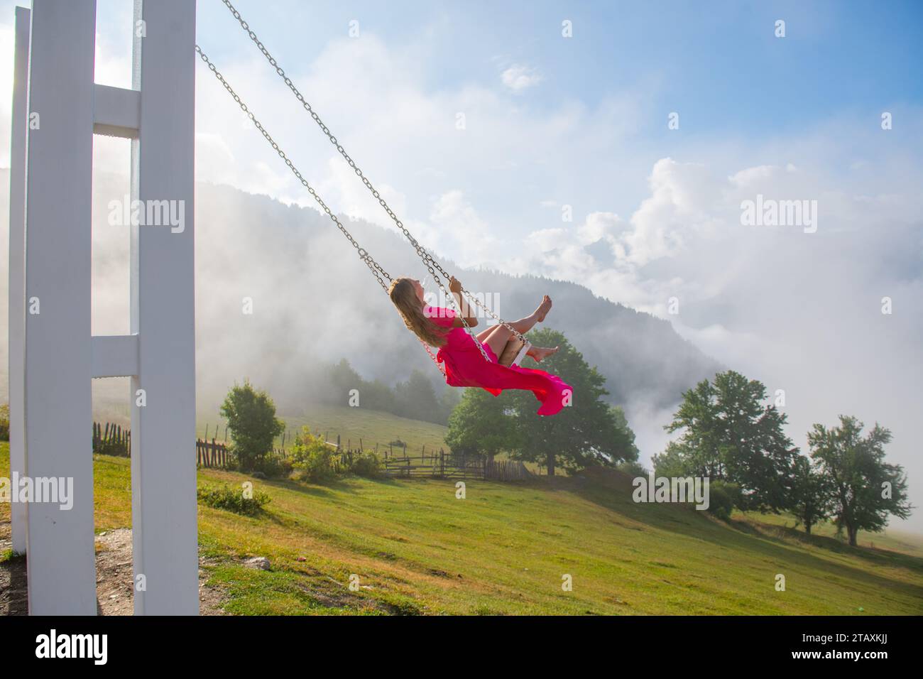 Swirling charm of swing girl in pink dress on swing Stock Photo - Alamy