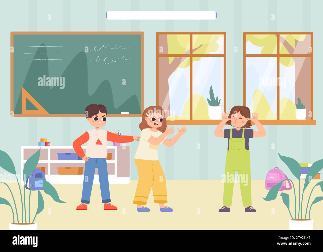 Children in class quarrel. Cute kids bad behavior, bullying and abuse ...