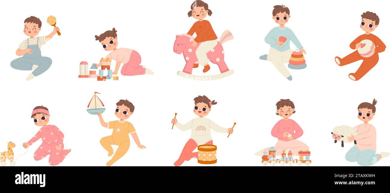 Baby play with toys. Toddlers playing with plush and wooden toy. Little ...