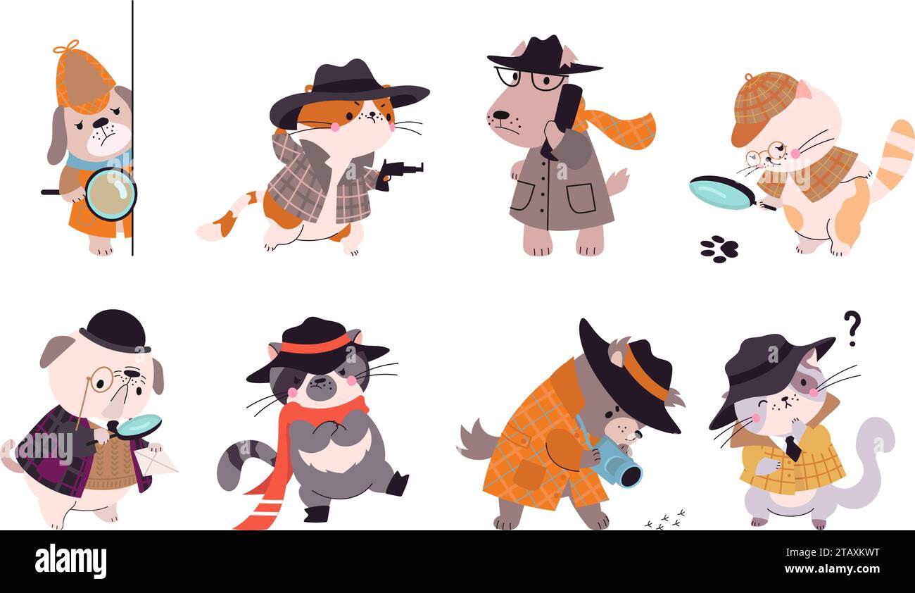 Detectives characters. Cats and dogs investigating, funny detective ...