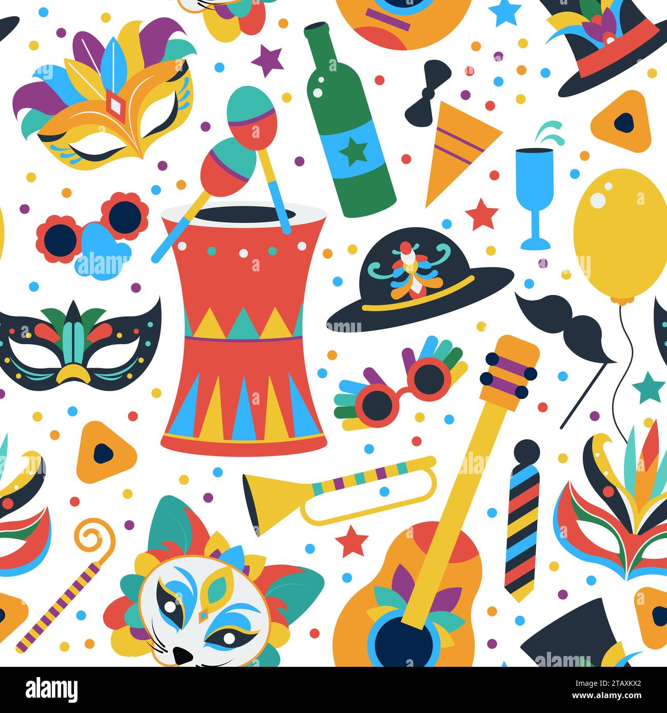 Carnival elements seamless pattern. Festival flat masks, masquerade and ...