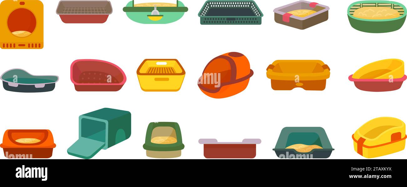 Pets toilet. Domestic hygiene for animals, cats sandboxes cartoon icons ...