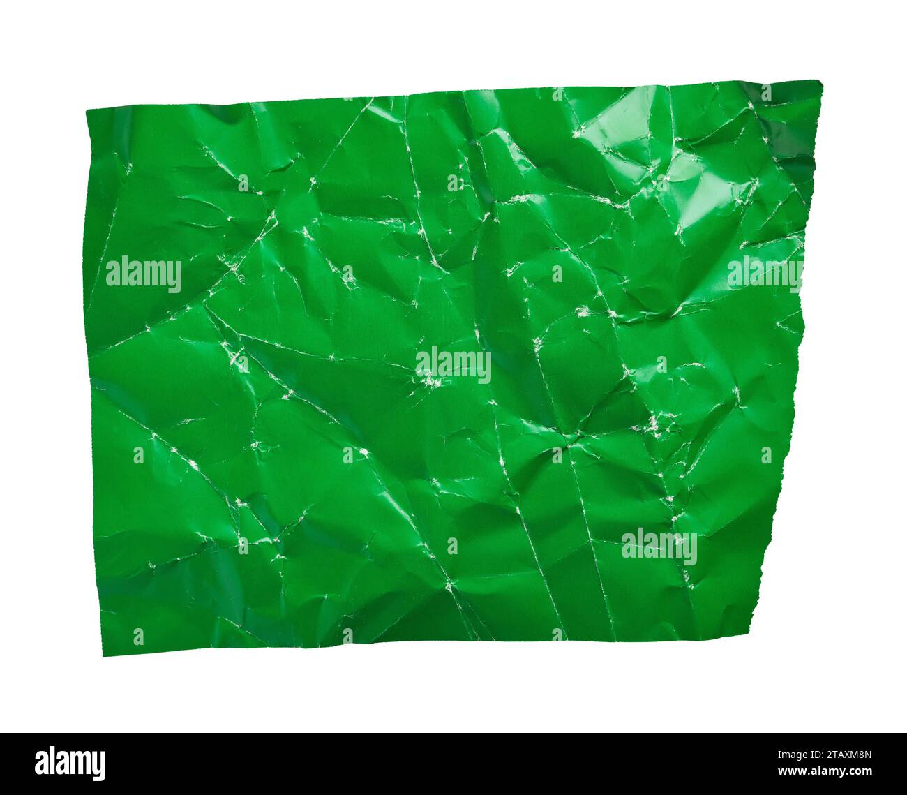 Green crumpled paper with folds texture cut out on white background ...