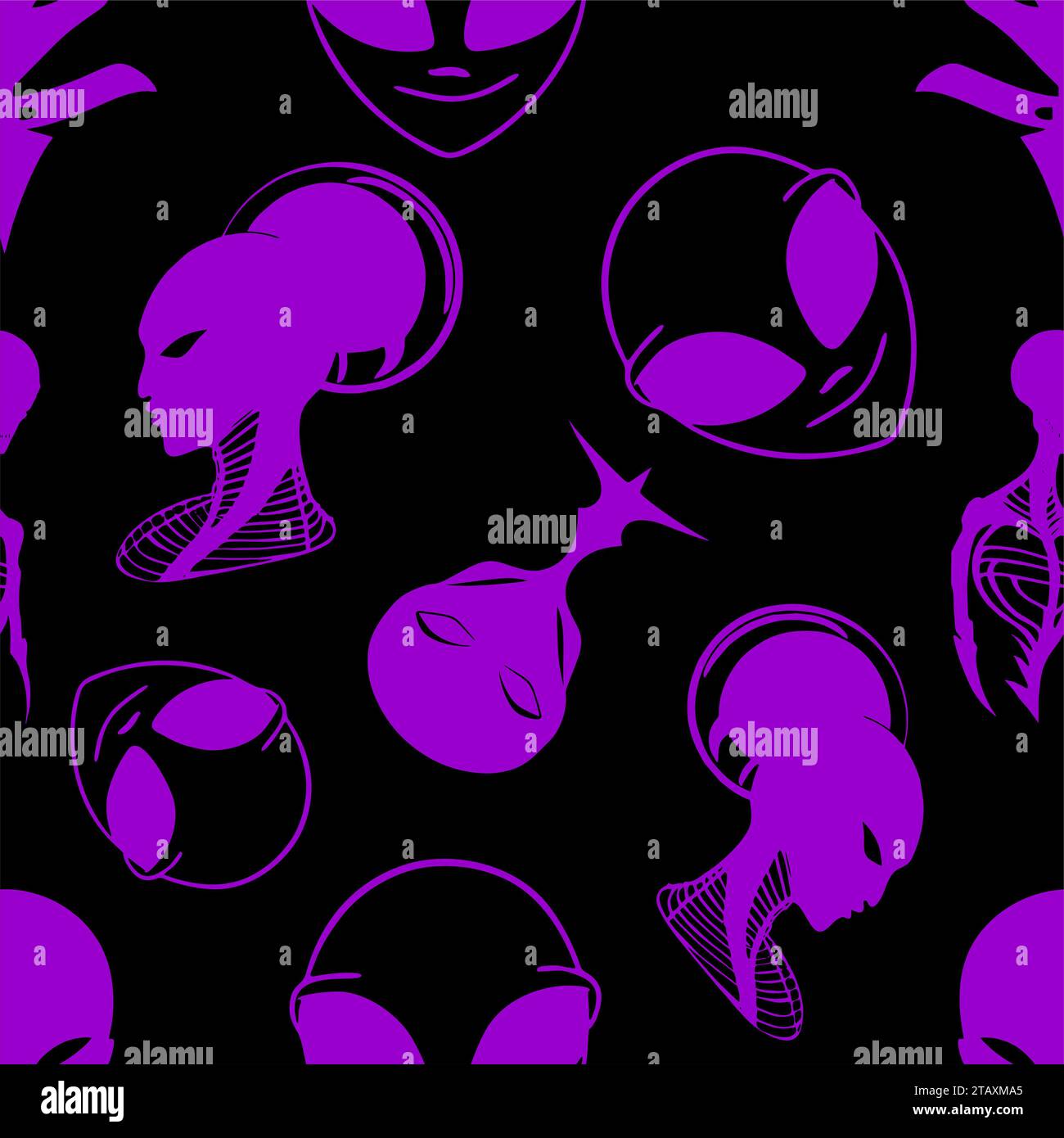 seamless pattern purple graphic aliens on black background, texture ...