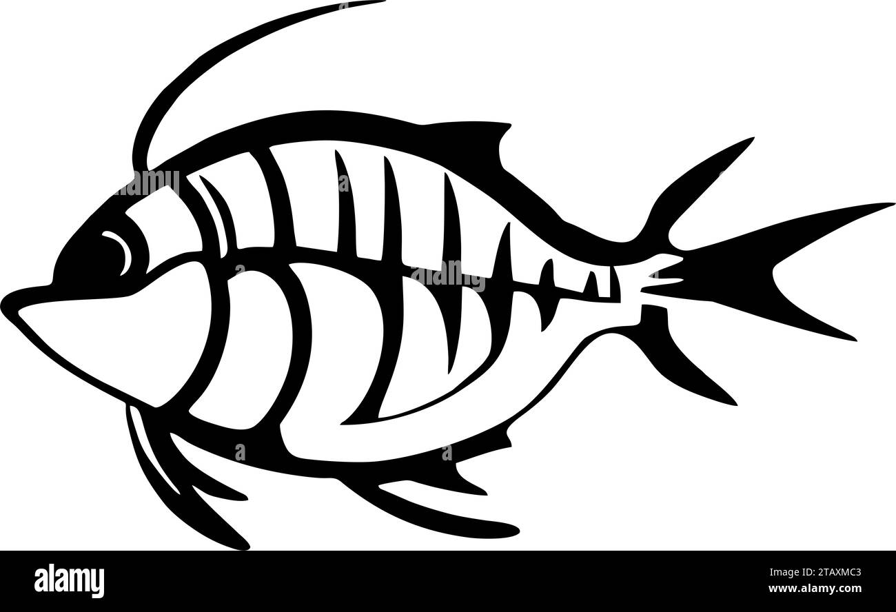 black graphic drawing stylized fish on a white background, logotype ...