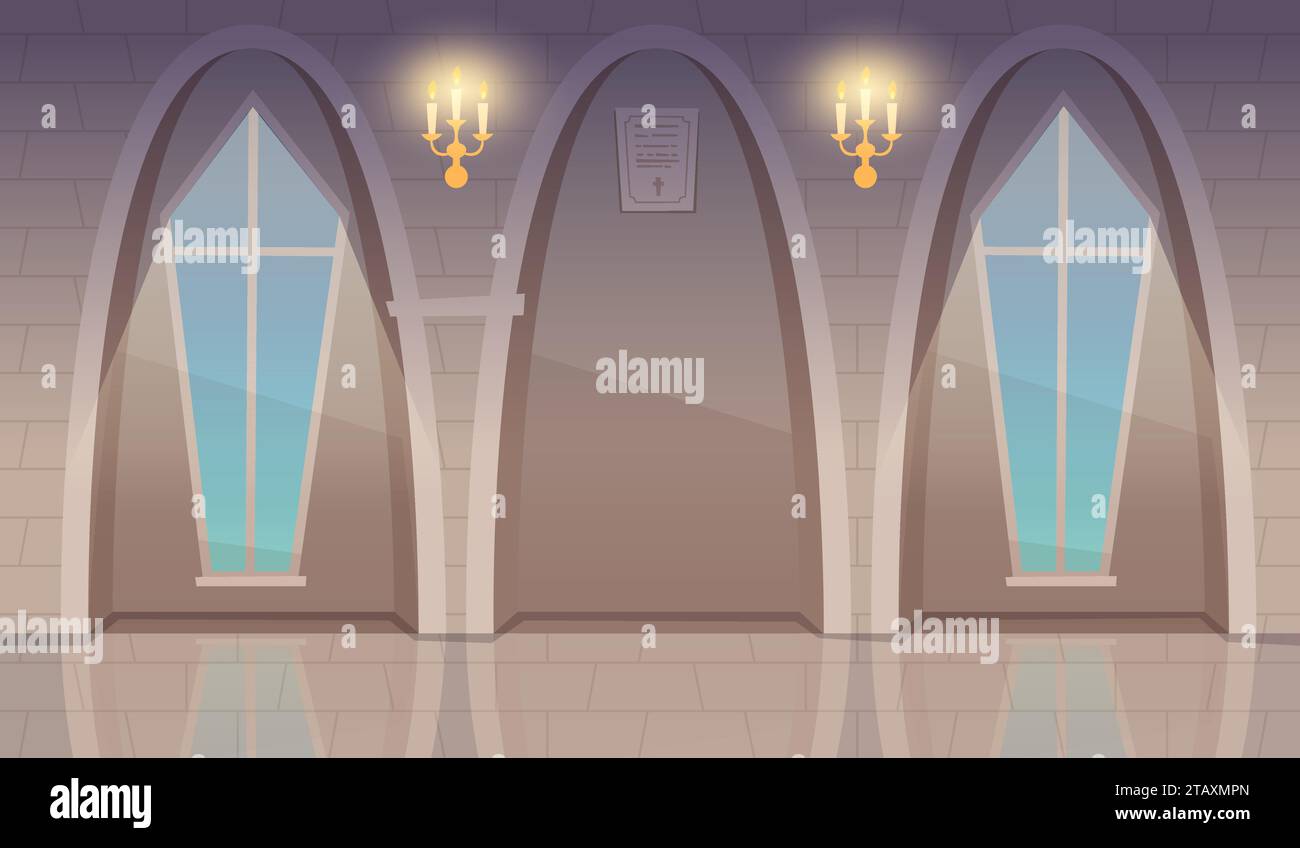 Cathedral interior. window in gothic interior church. Vector cartoon ...