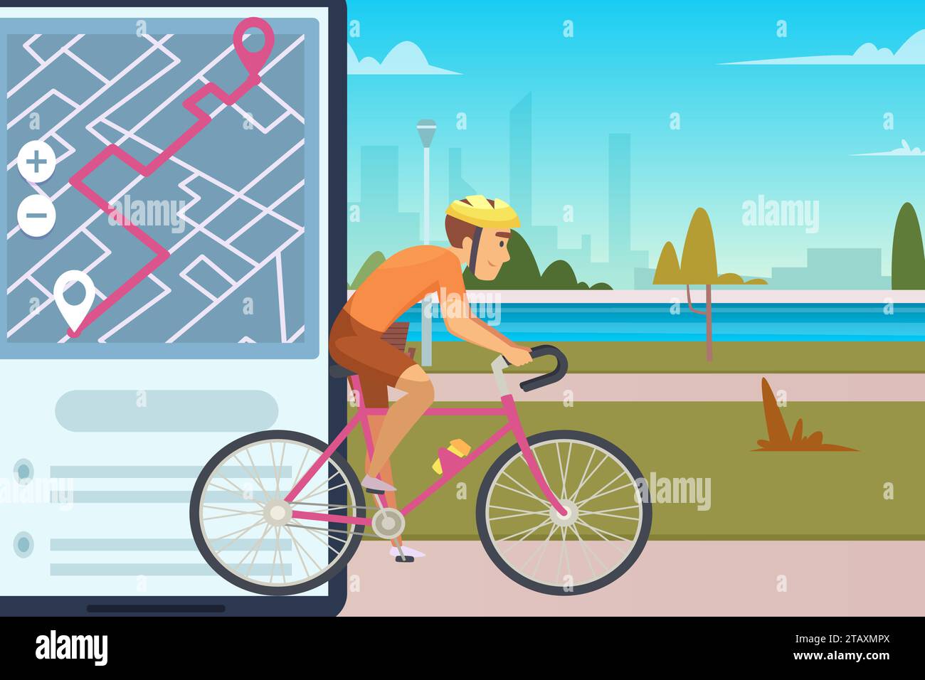 Route map. Cartoon background with velocity route cyclist in urban park ...