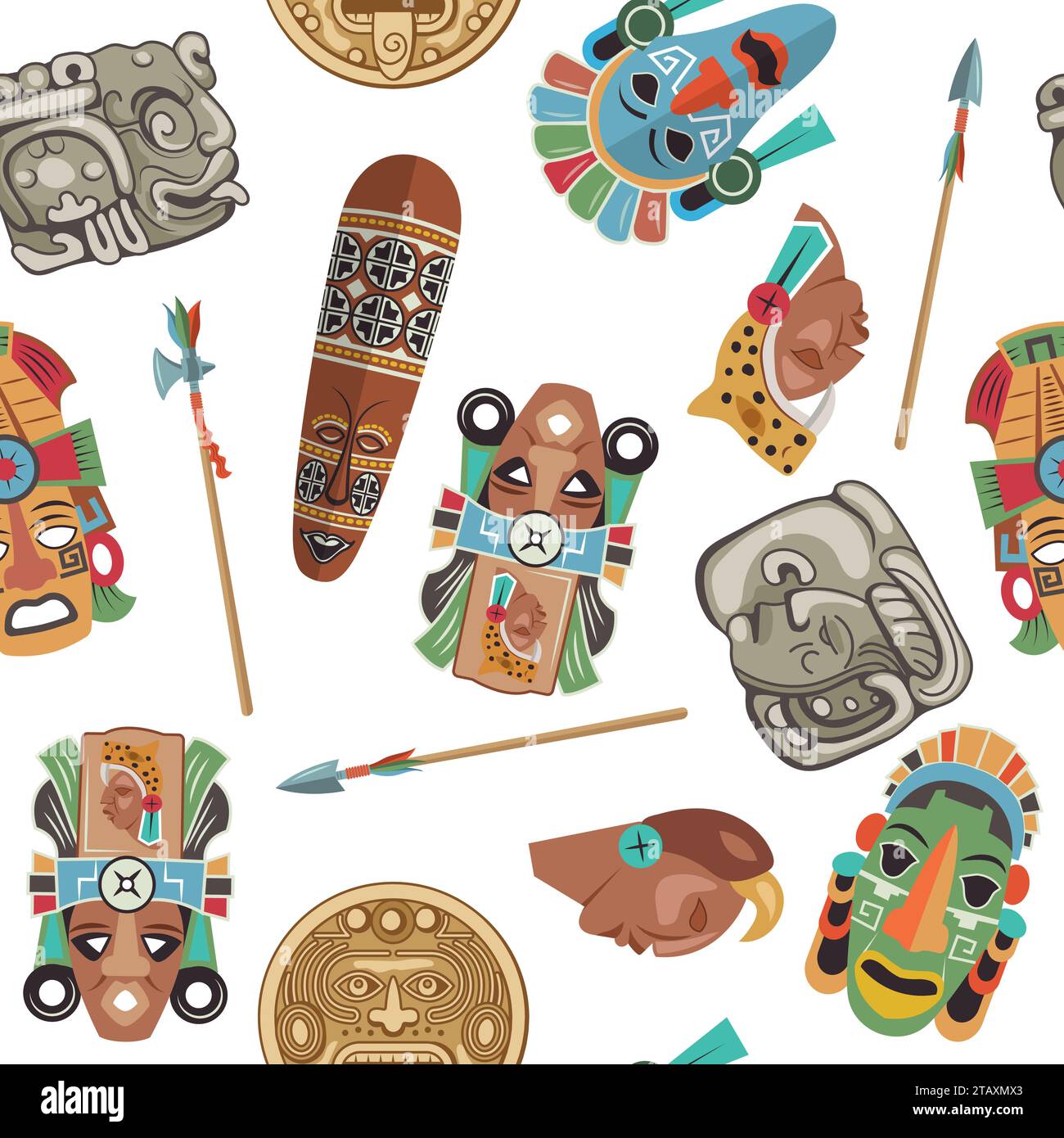 Mayan pattern. tribal authentic masked faces. Vector cartoon seamless ...
