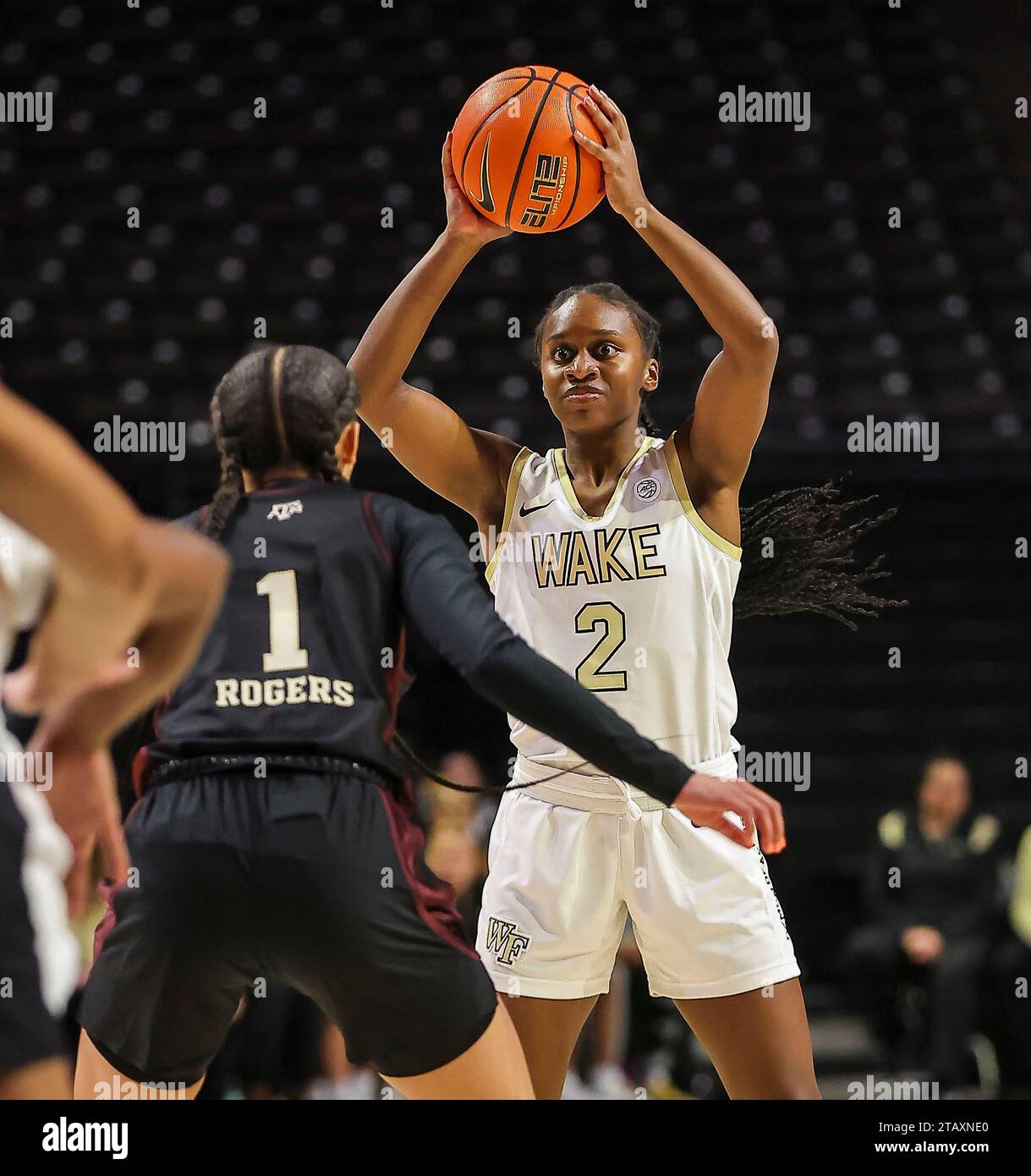 November 30, 2023: Wake Forest senior Kaia Harrison (2) looks to pass ...