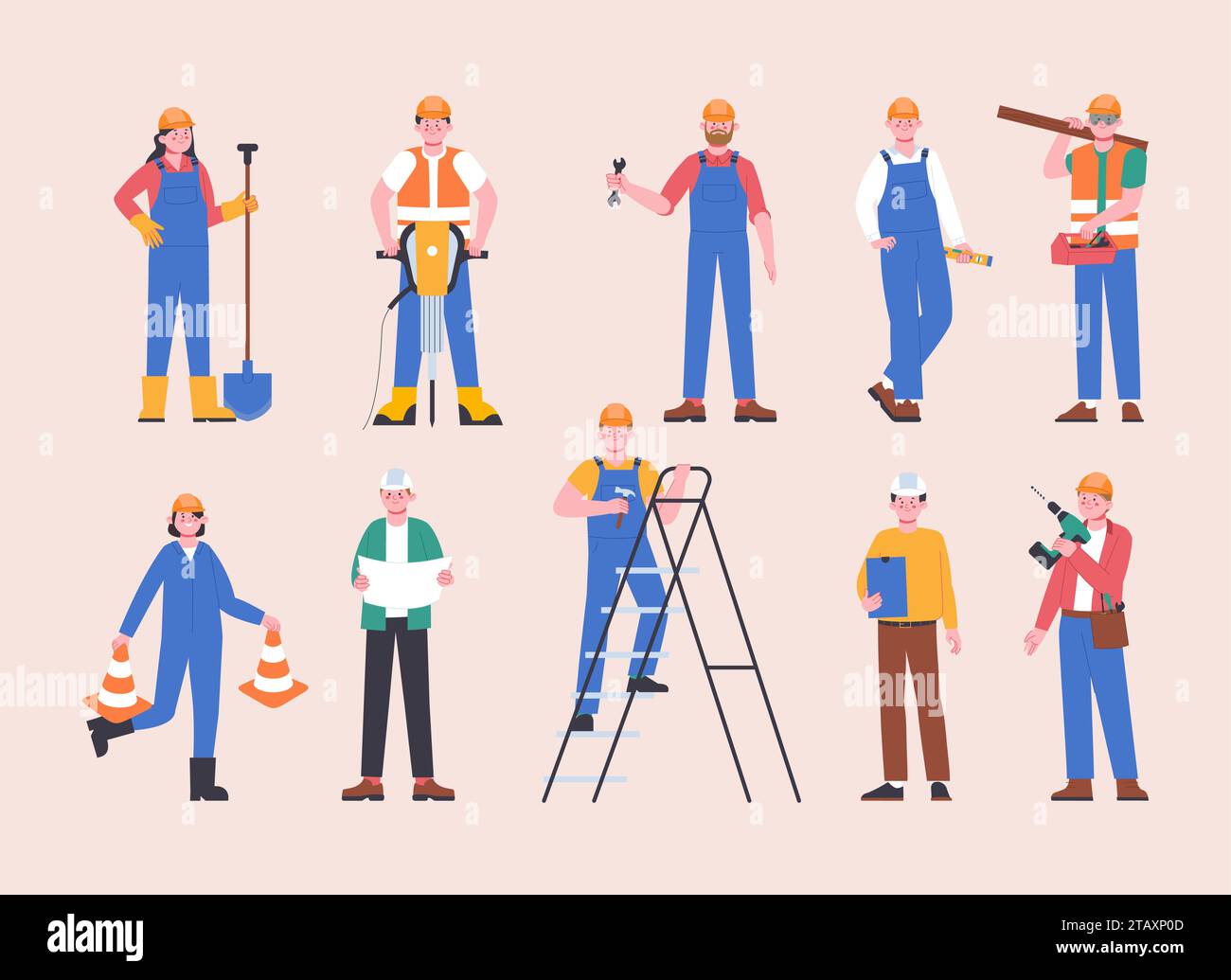Construction characters in helmets and uniform. Builders at work, male ...