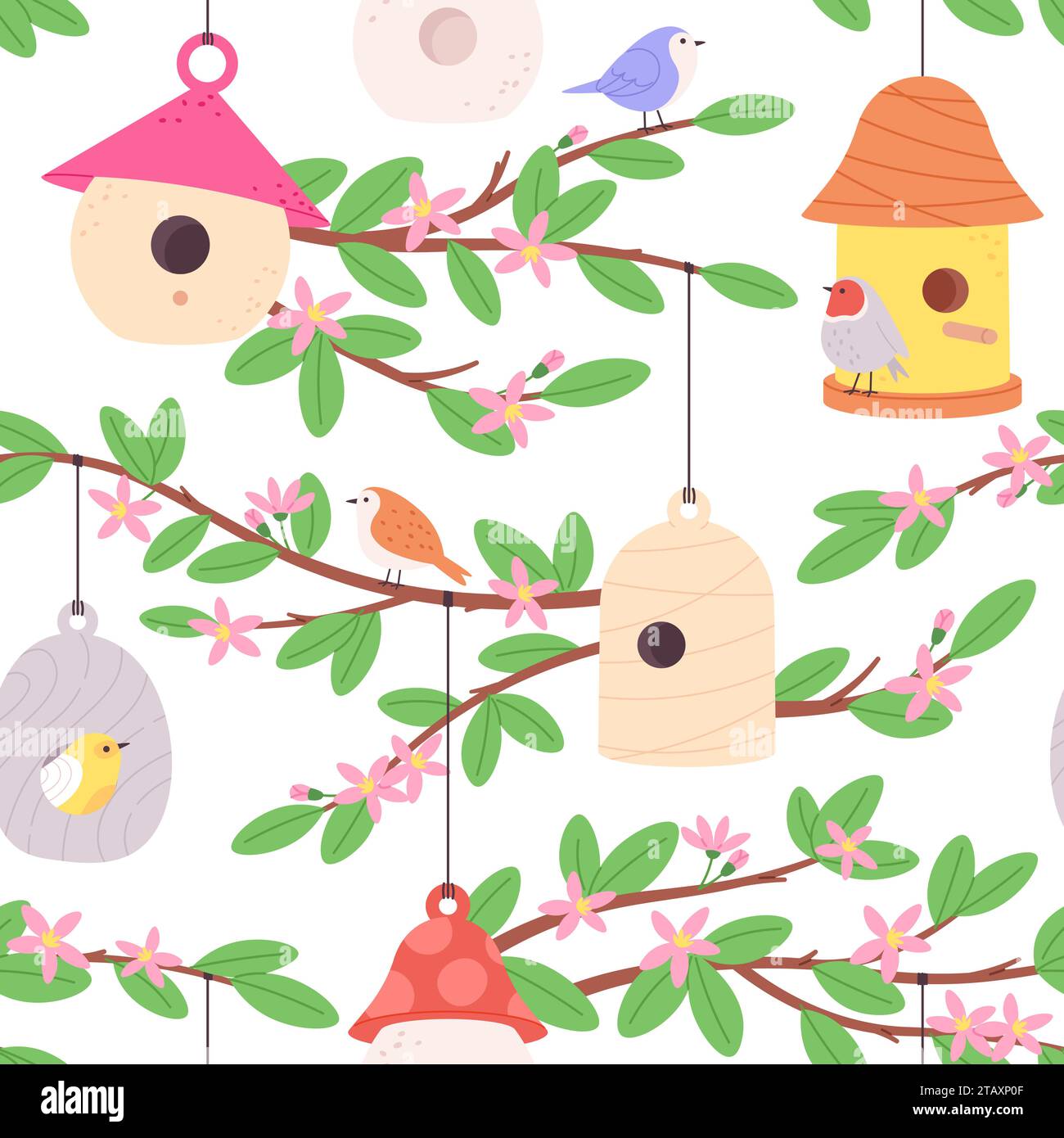 Birdhouse seamless pattern. Cartoon bird houses wooden, crafted ...